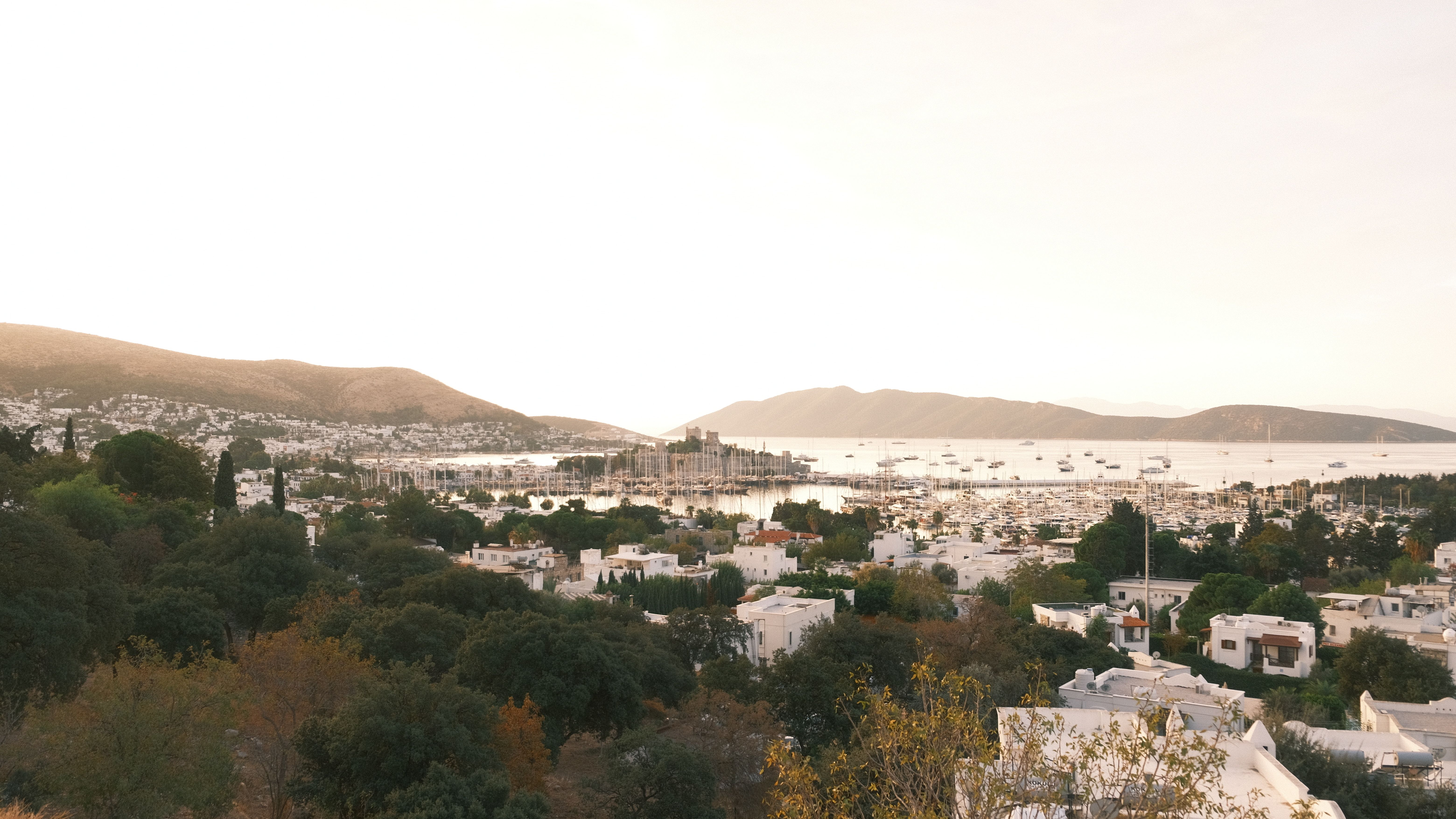 Aerial view of Bodrum marina and landscape at sunset · Free Stock Photo