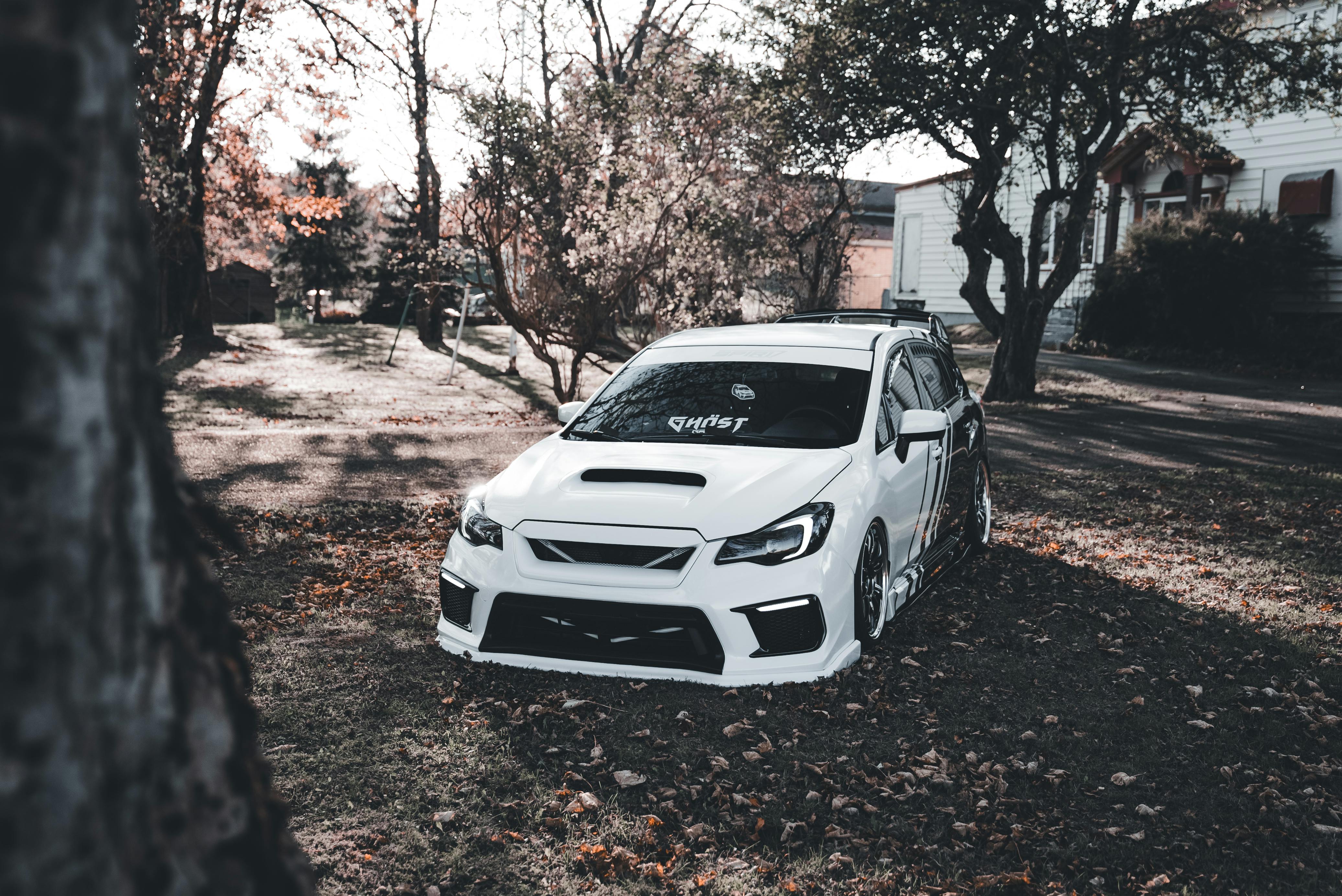White Modified Car in a Serene Autumn Setting · Free Stock Photo