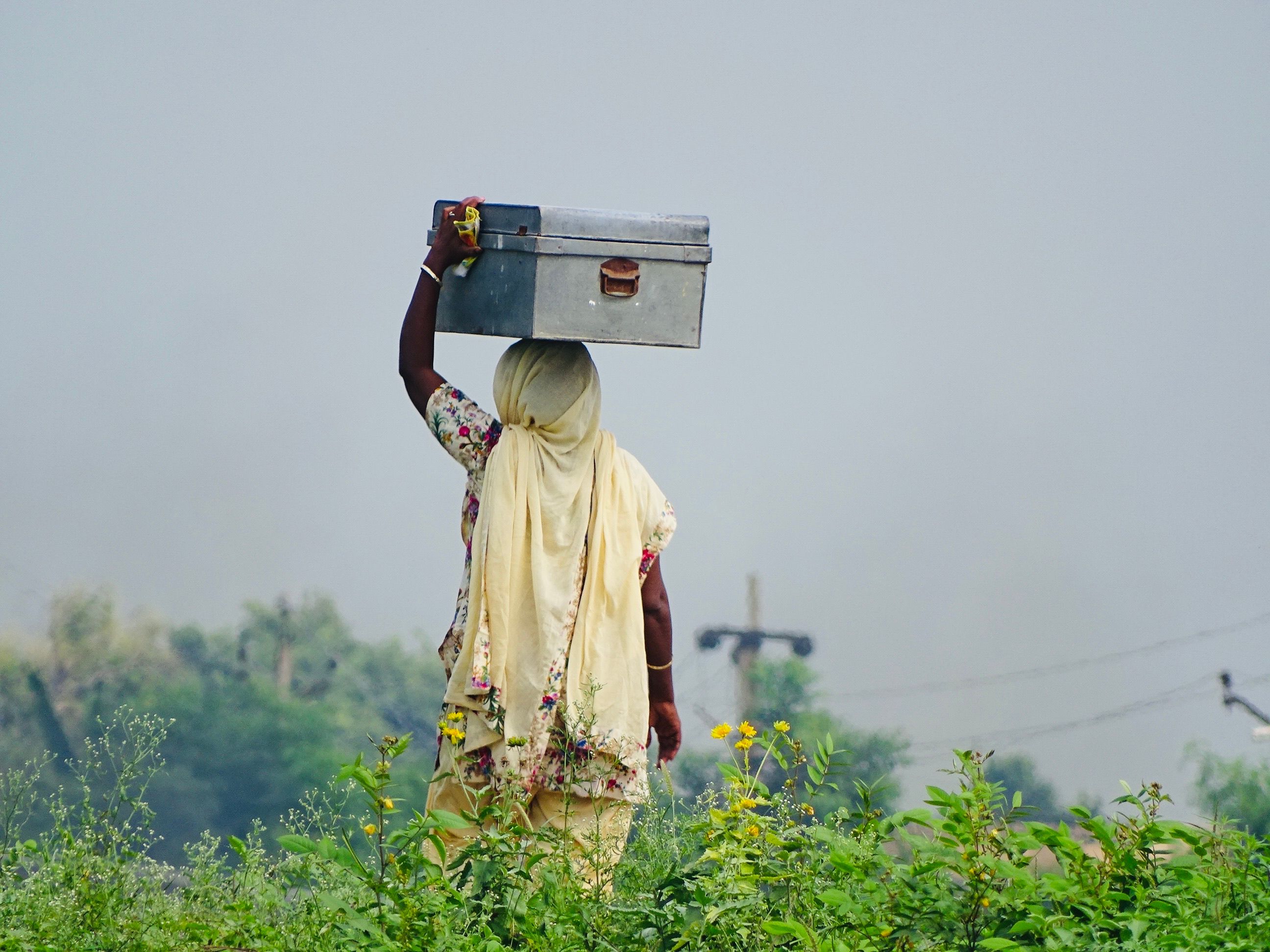 Rural Woman Carrying Metal Box on Head in Field · Free Stock Photo