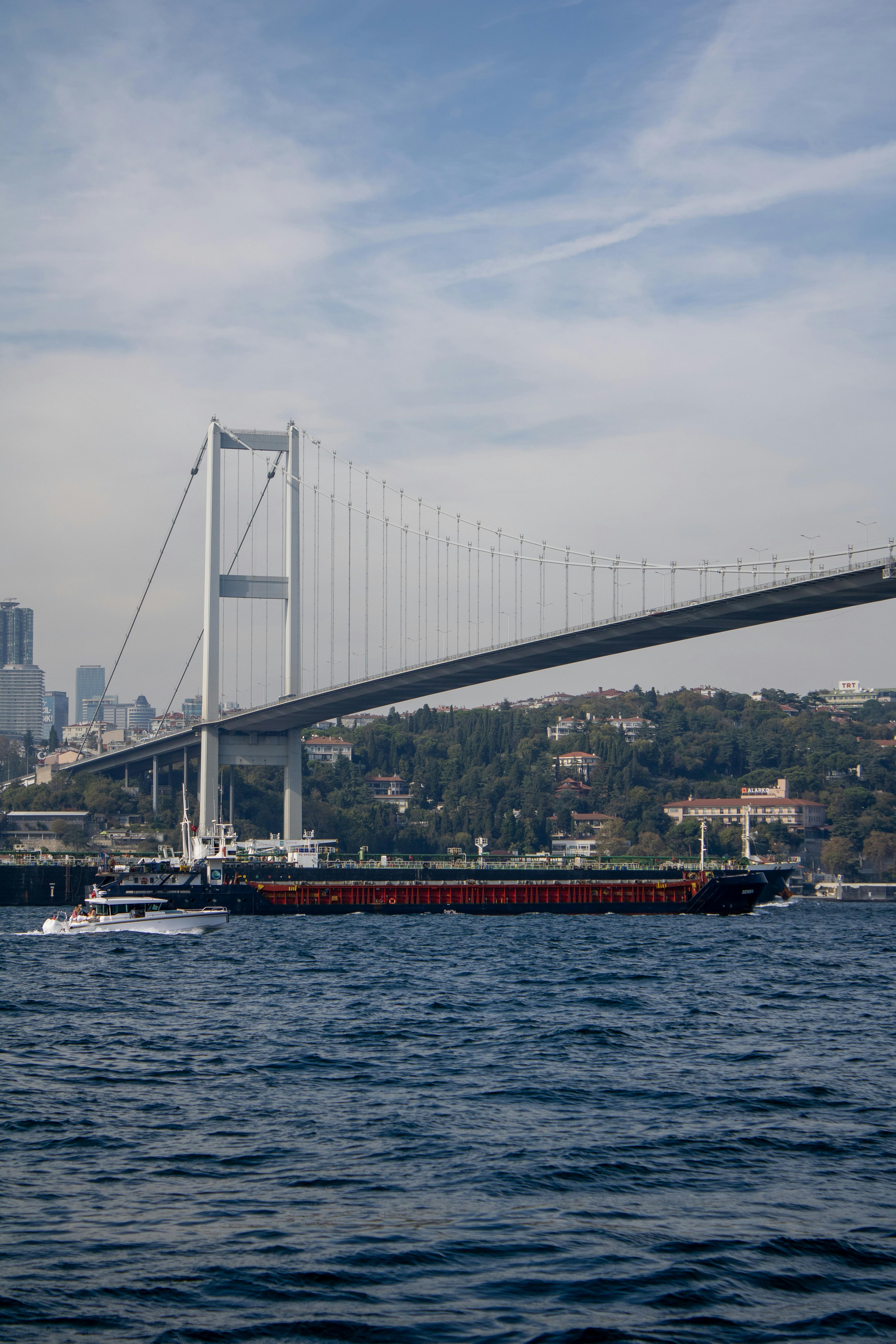 Container Ship Under Bosphorus Bridge in Istanbul · Free Stock Photo