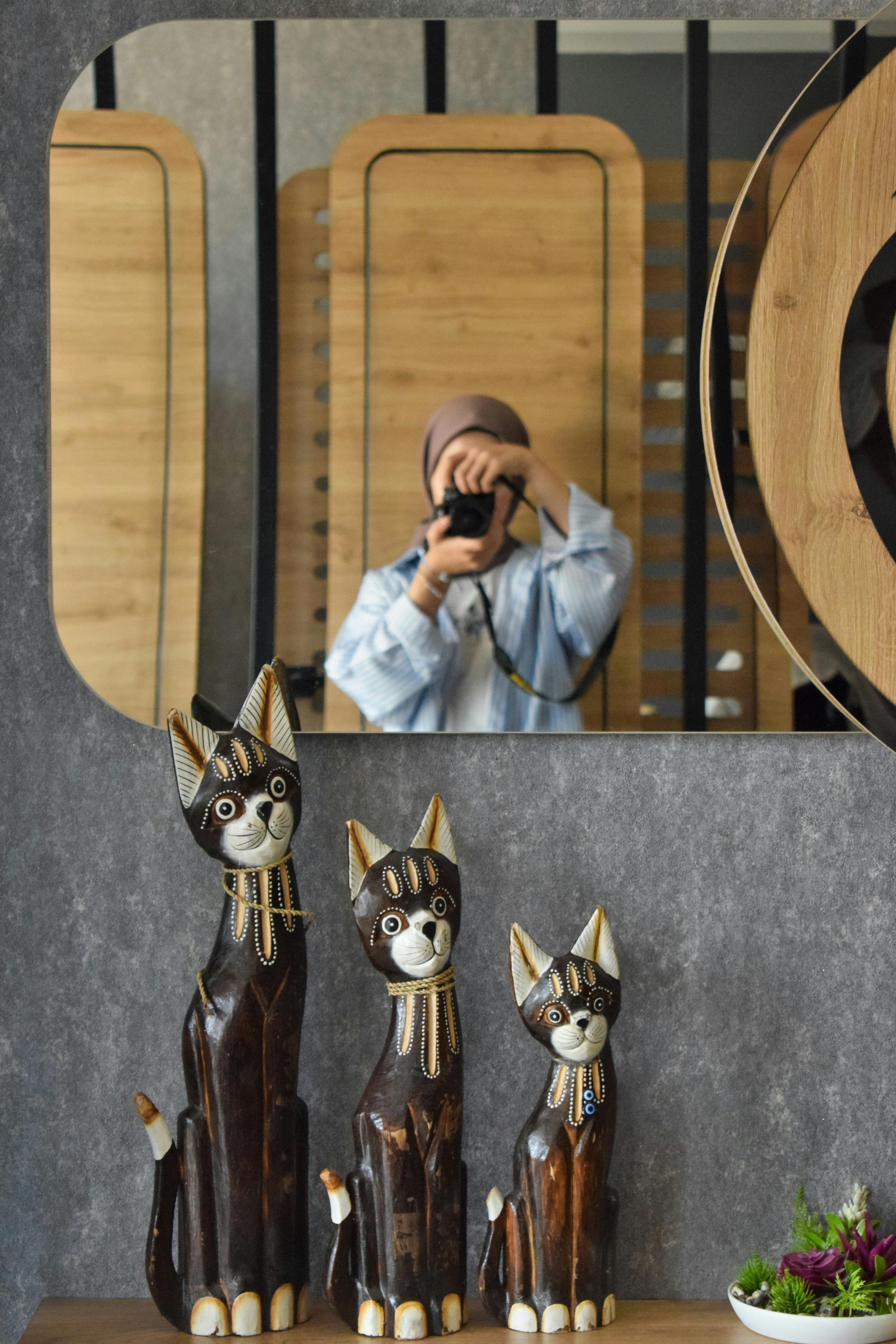 Artistic Home Reflection with Wooden Cat Statues · Free Stock Photo