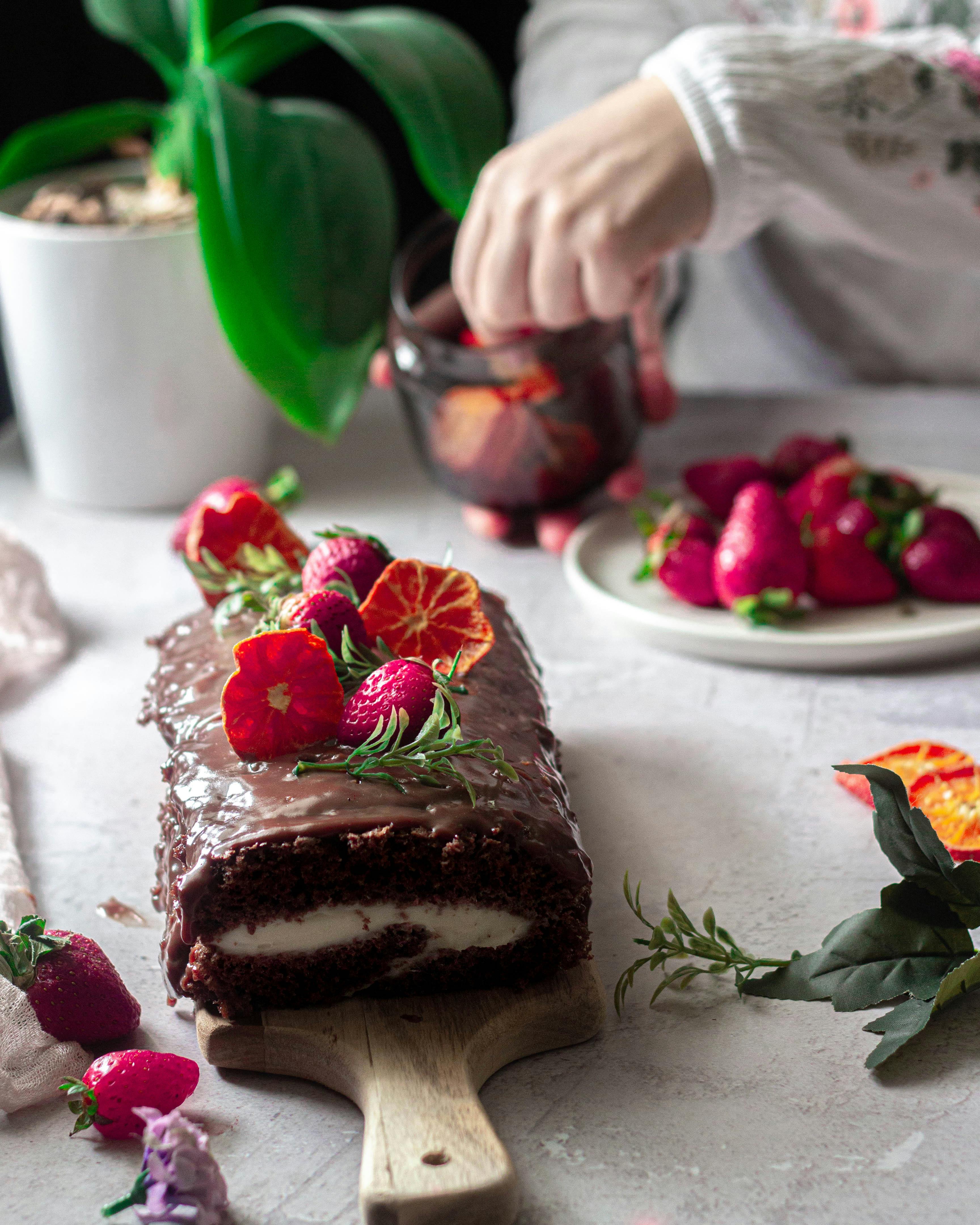 Chocolate Log Cake with Fresh Strawberries · Free Stock Photo