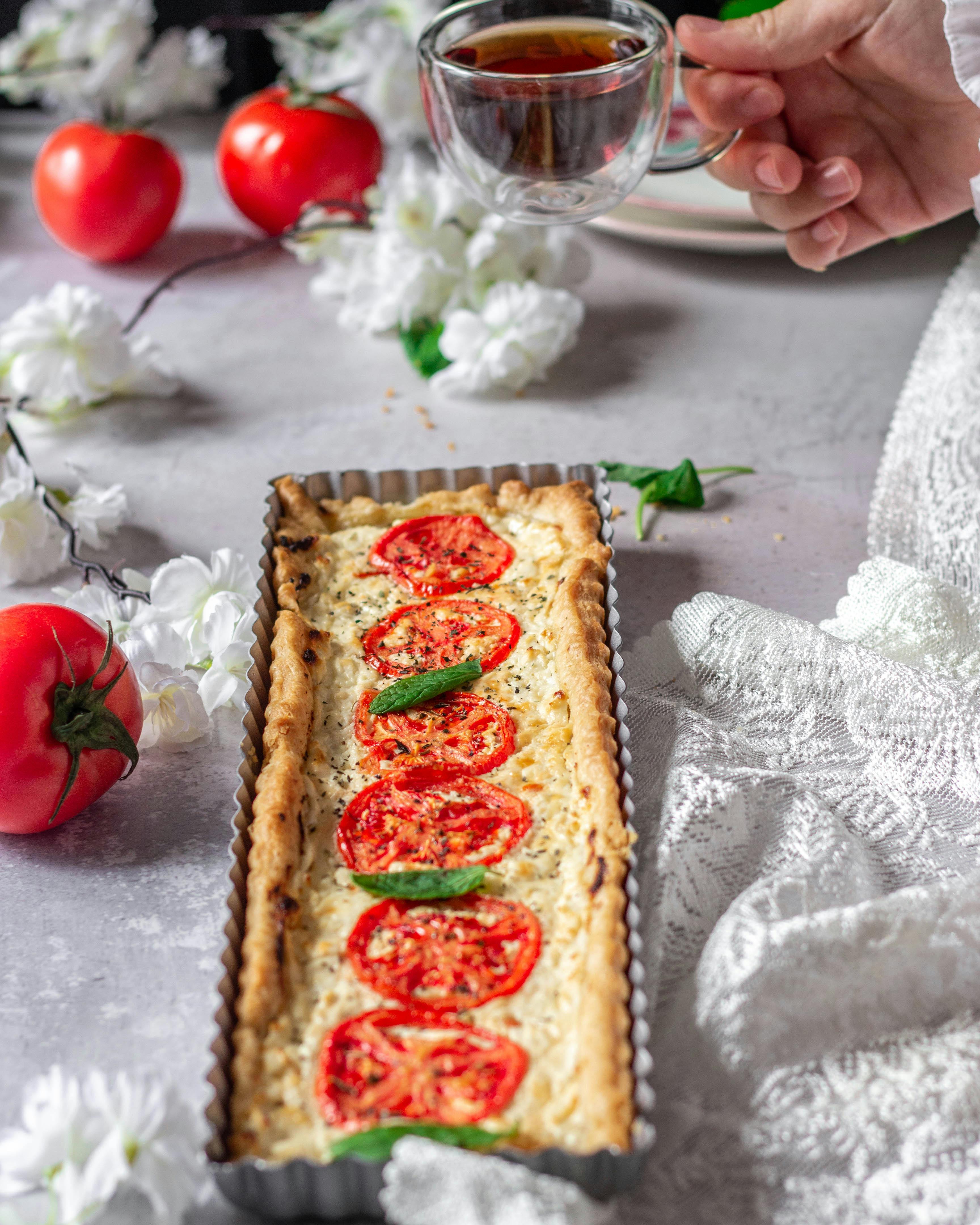 Tomato Tart with Tea and White Flowers · Free Stock Photo