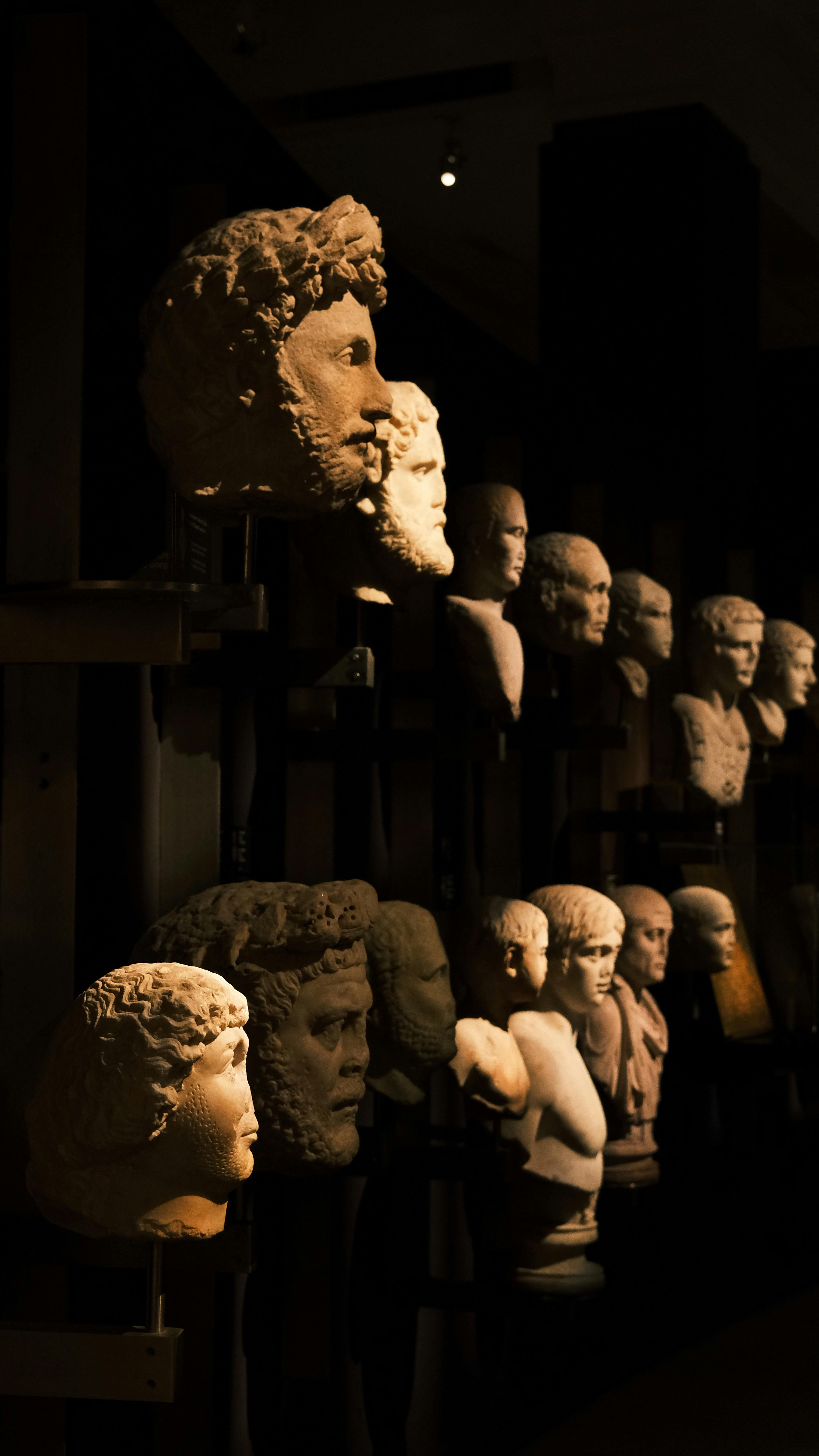 Ancient Roman Busts in Dimly Lit Museum Display · Free Stock Photo
