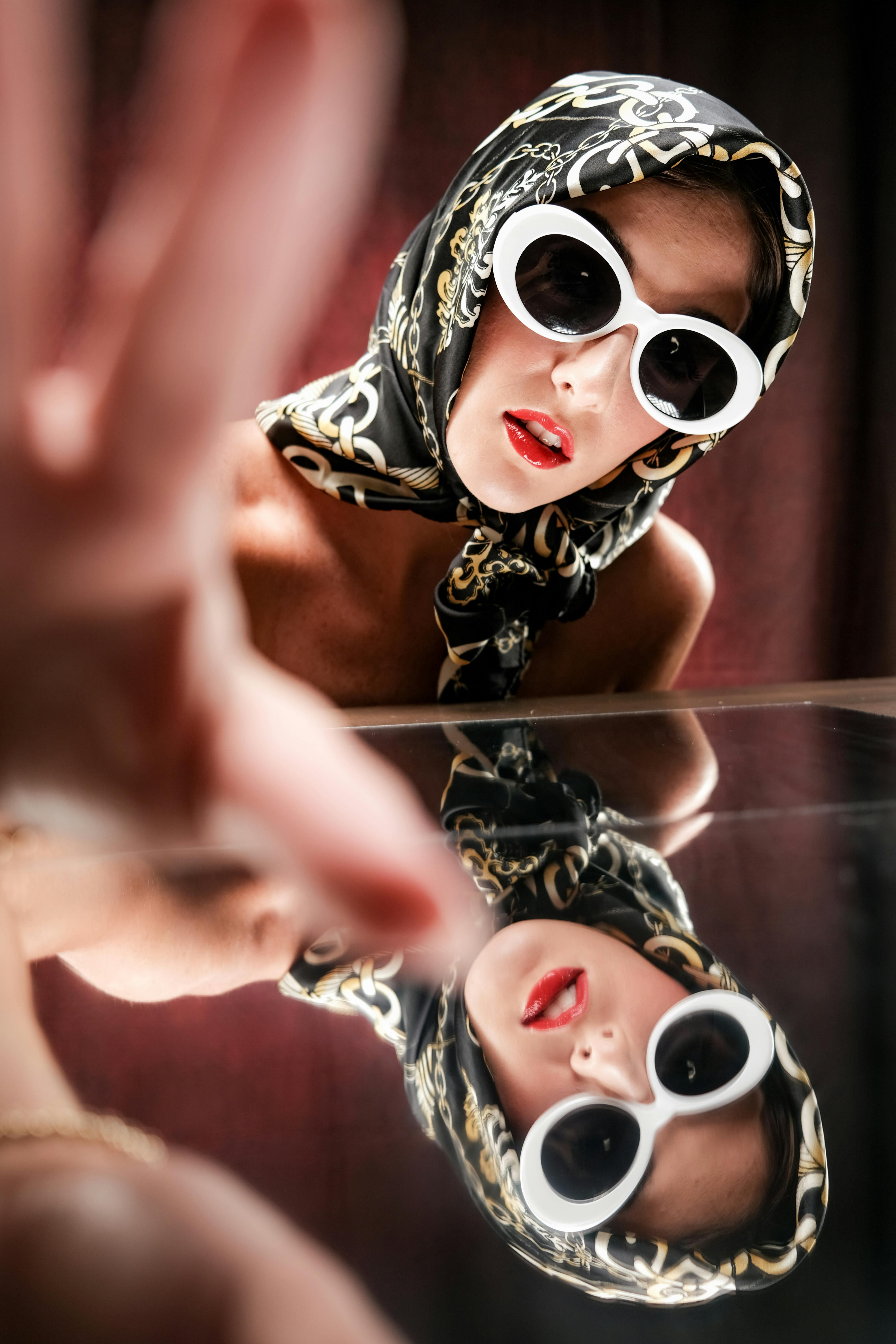 Retro Fashion Model with Reflection and Scarf · Free Stock Photo