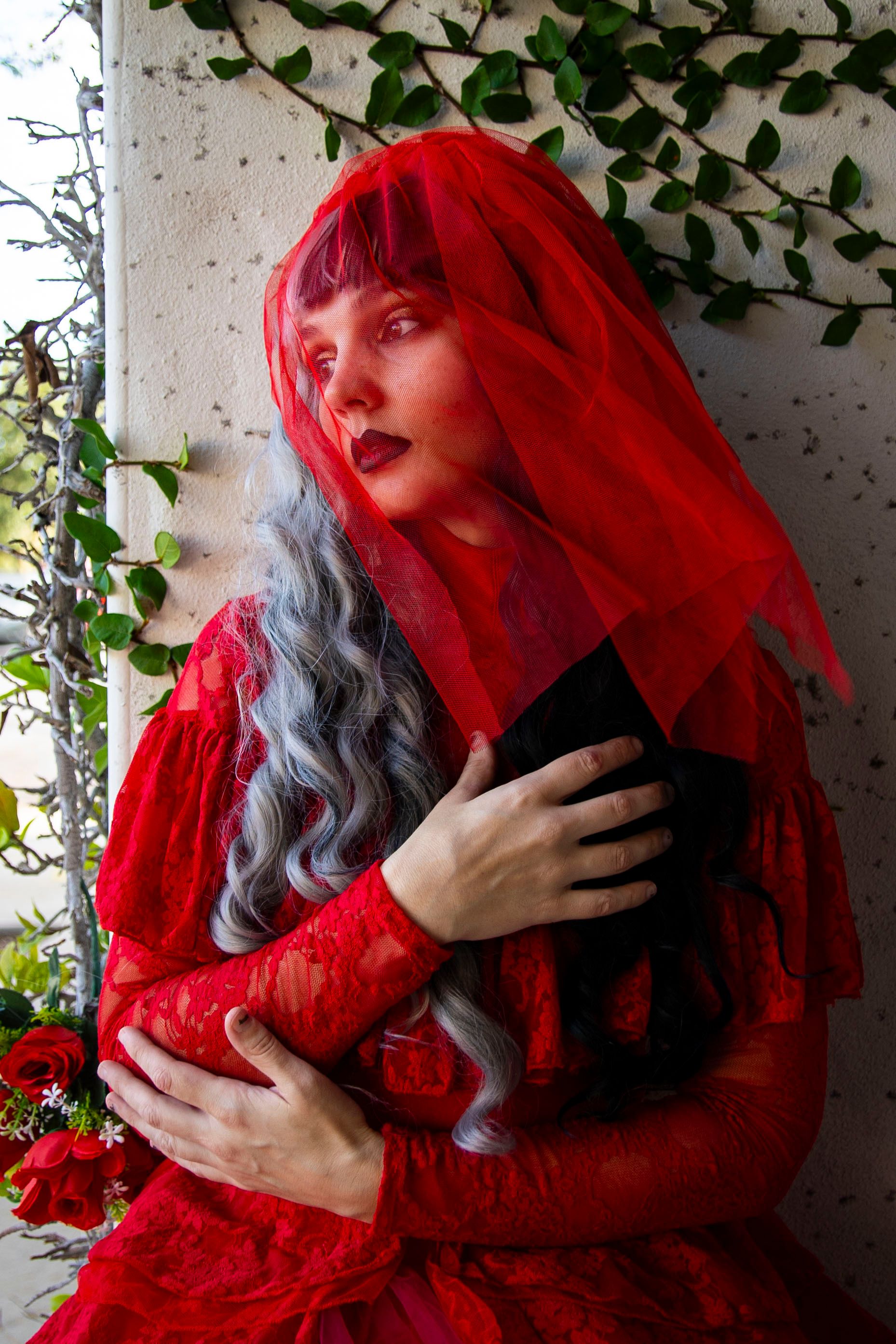 Mystical Woman in Red Veil with Roses · Free Stock Photo