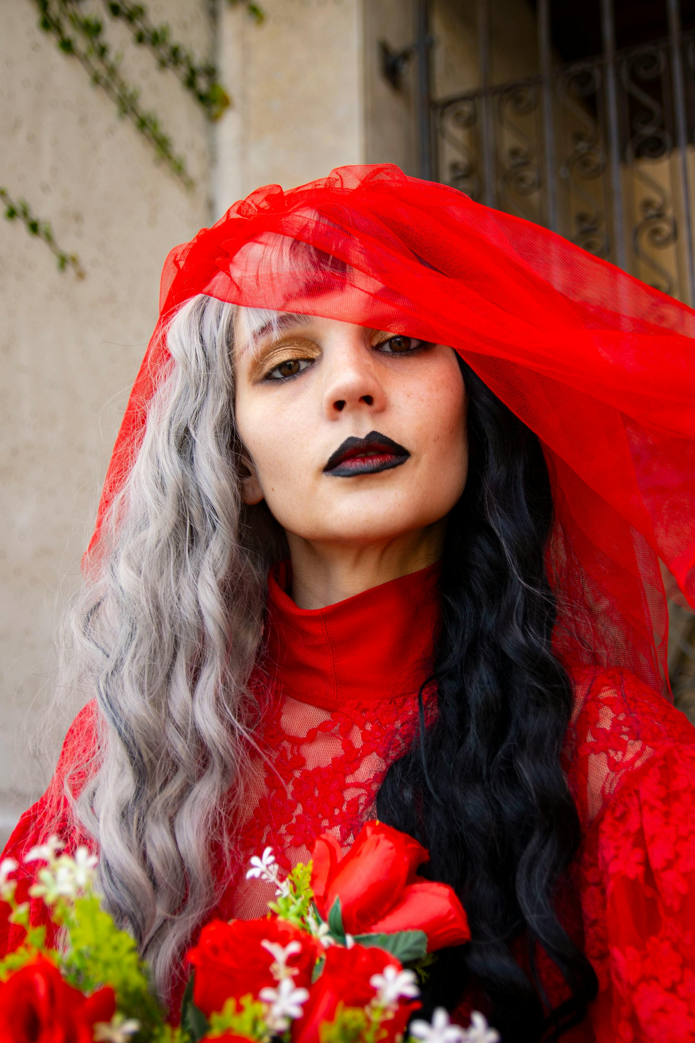 Artistic Portrait of Gothic Bride in Red Veil · Free Stock Photo