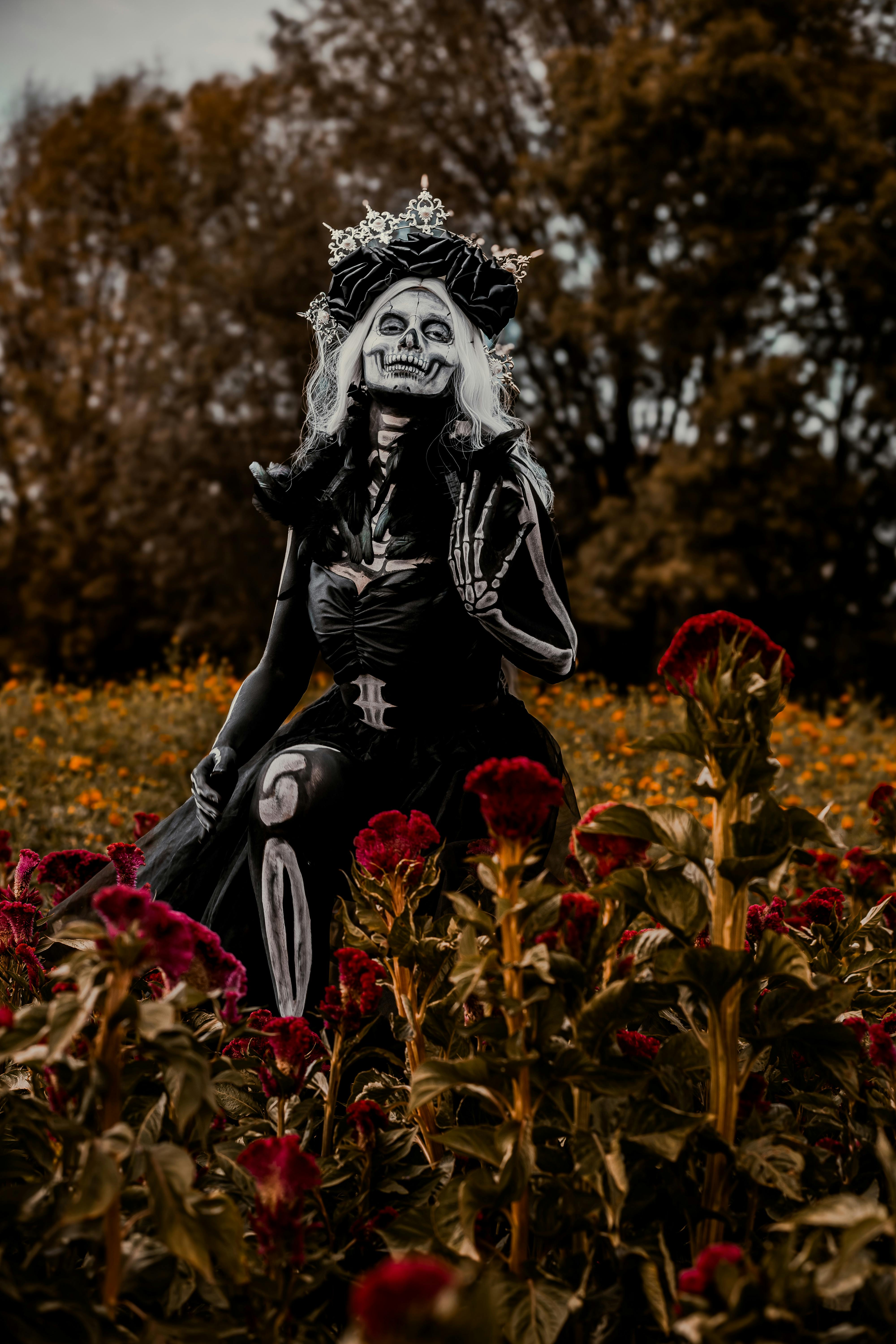 Dia de los Muertos Catrina in Flower Field · Free Stock Photo