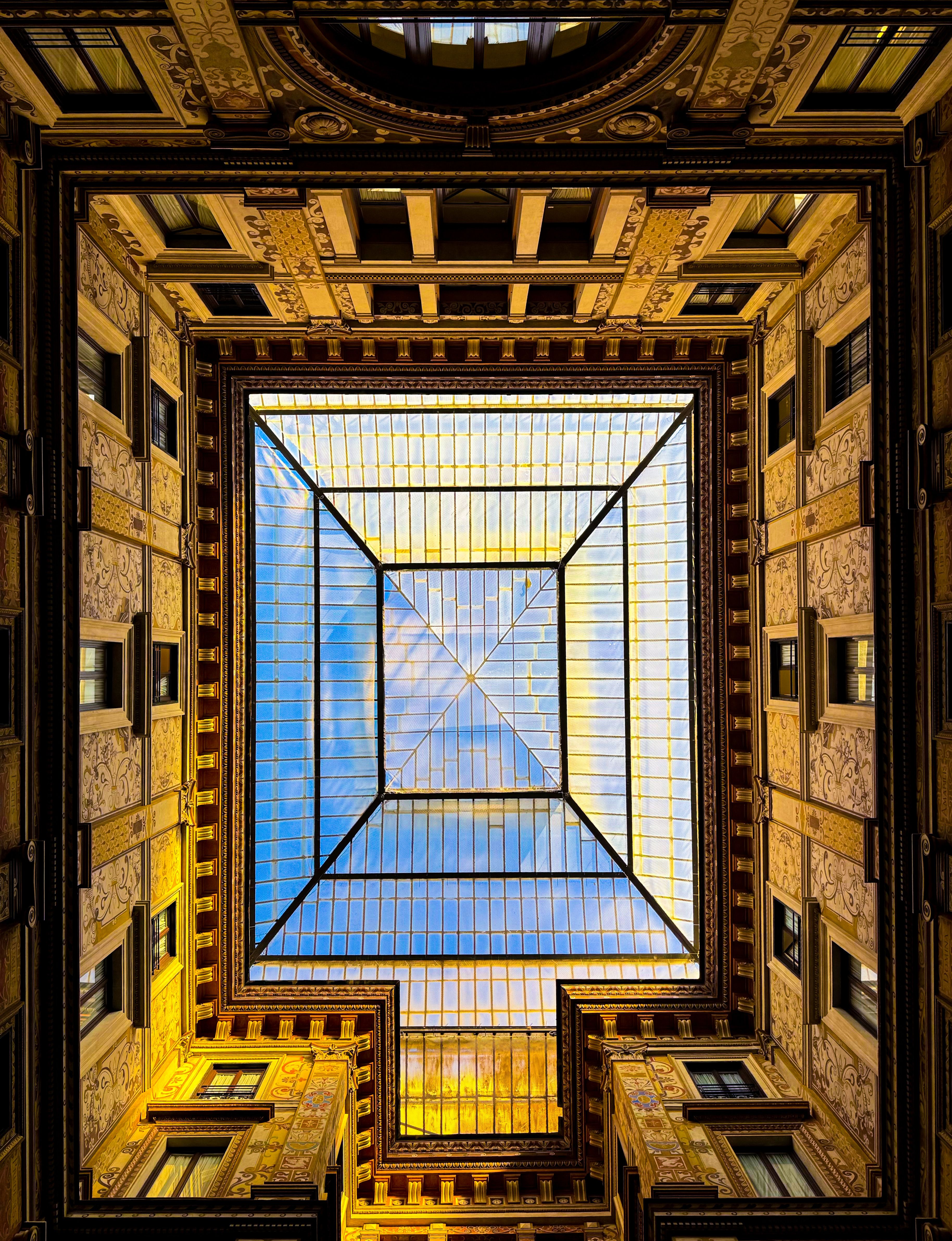 Symmetrical Architectural Ceiling with Glass Roof View · Free Stock Photo