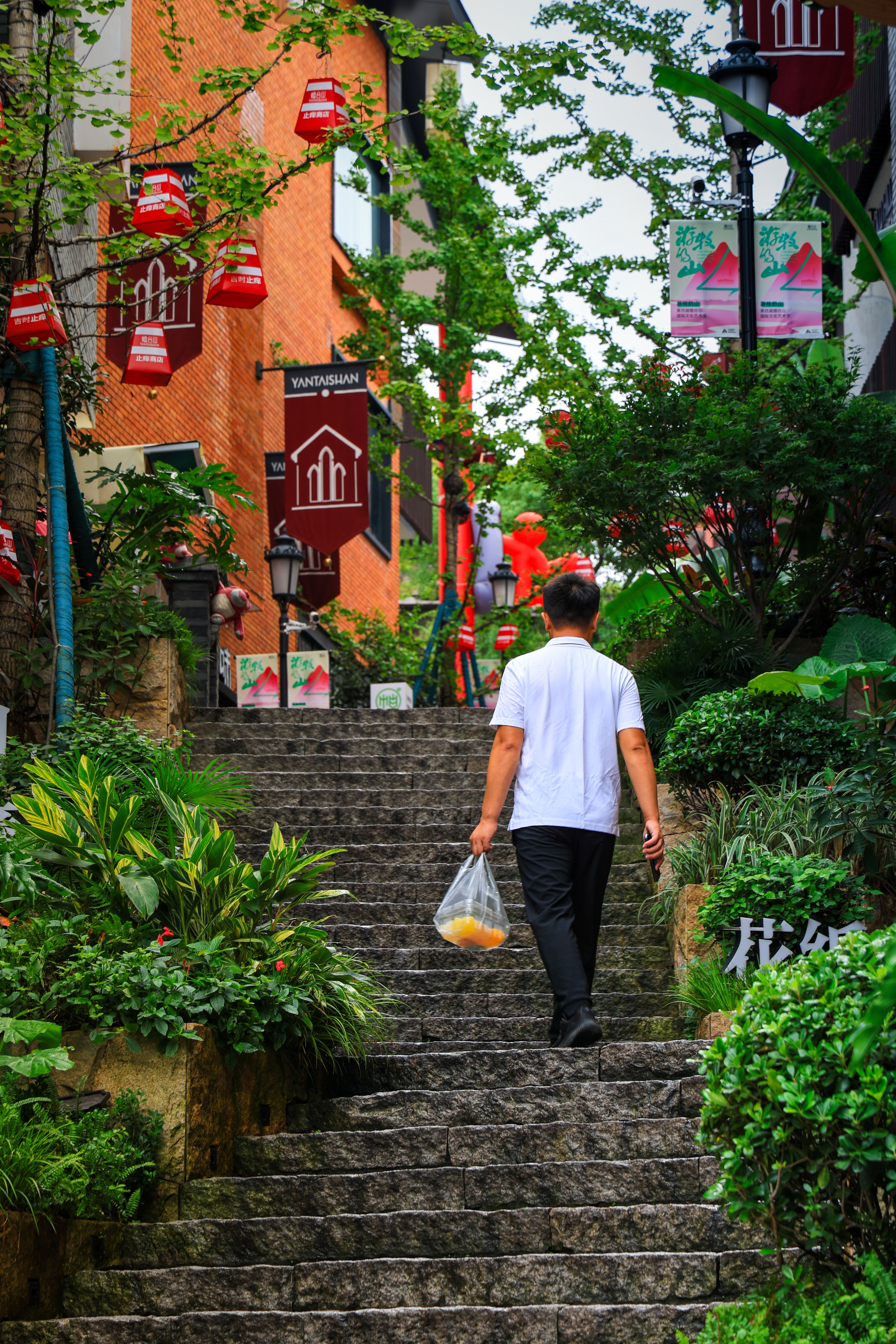 Man Walking Up Stone Stairs in Vibrant Alleyway · Free Stock Photo