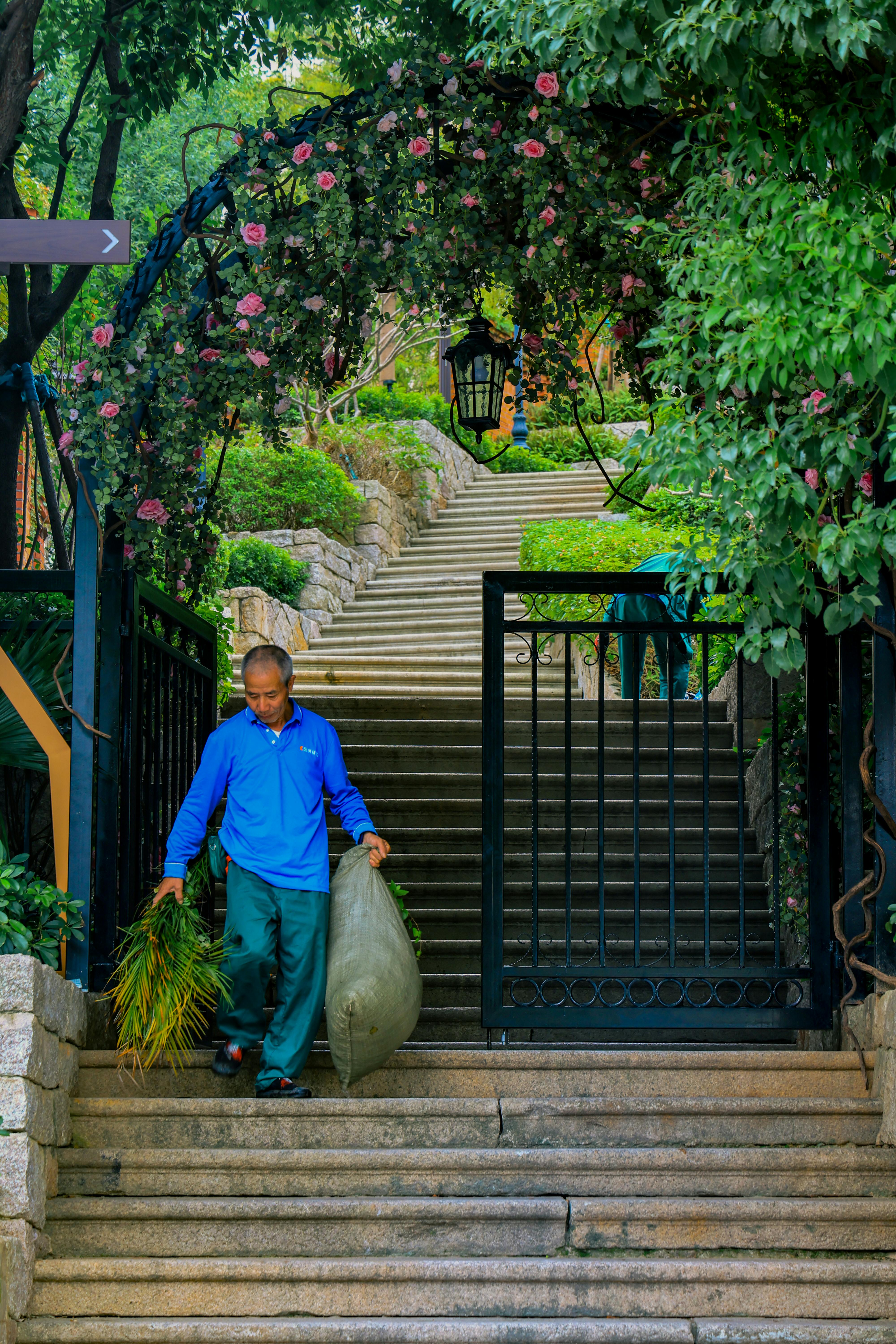 Gardener Descending Stone Staircase in Park Setting · Free Stock Photo