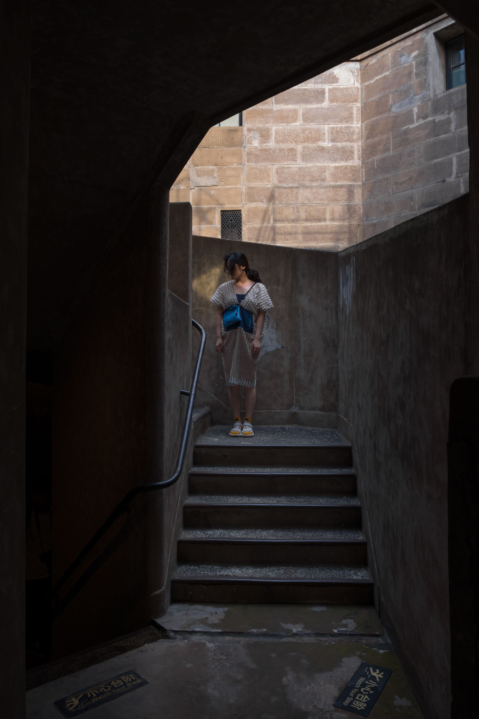 Woman in Gray Dress Standing in Stairs · Free Stock Photo