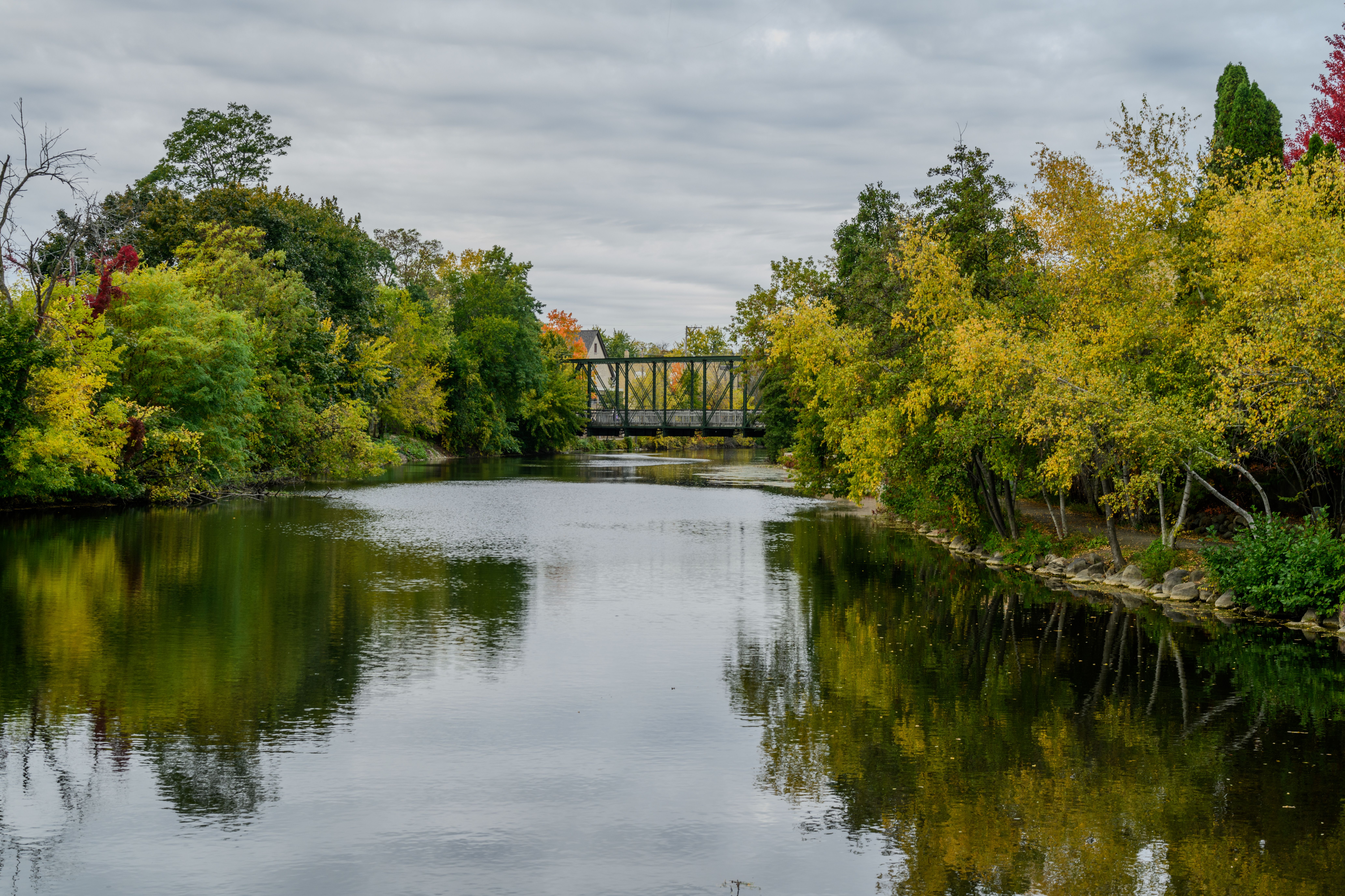 Scenic Autumn River Landscape with Bridge · Free Stock Photo