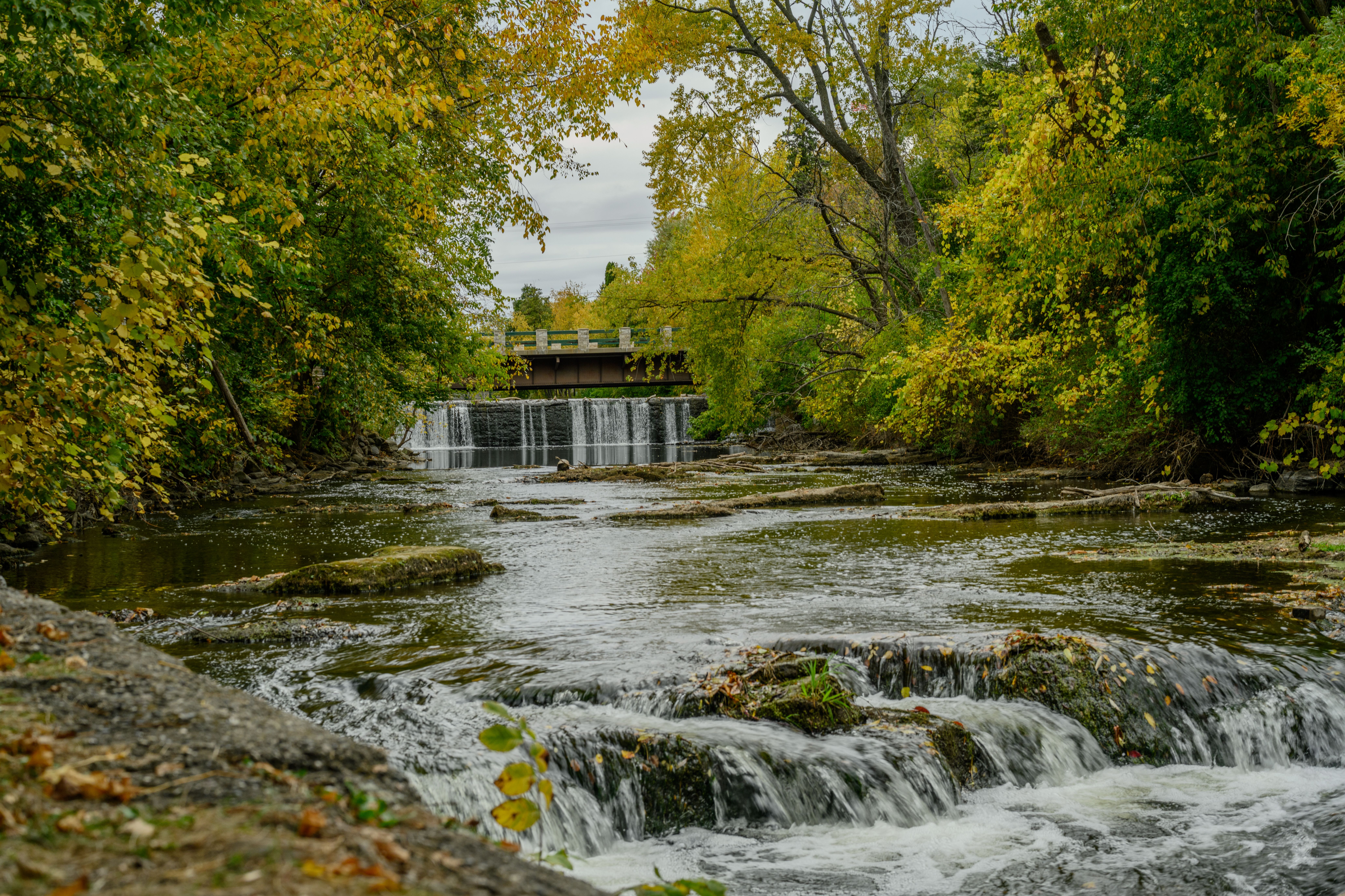 Peaceful River Scene with Waterfall in Autumn · Free Stock Photo