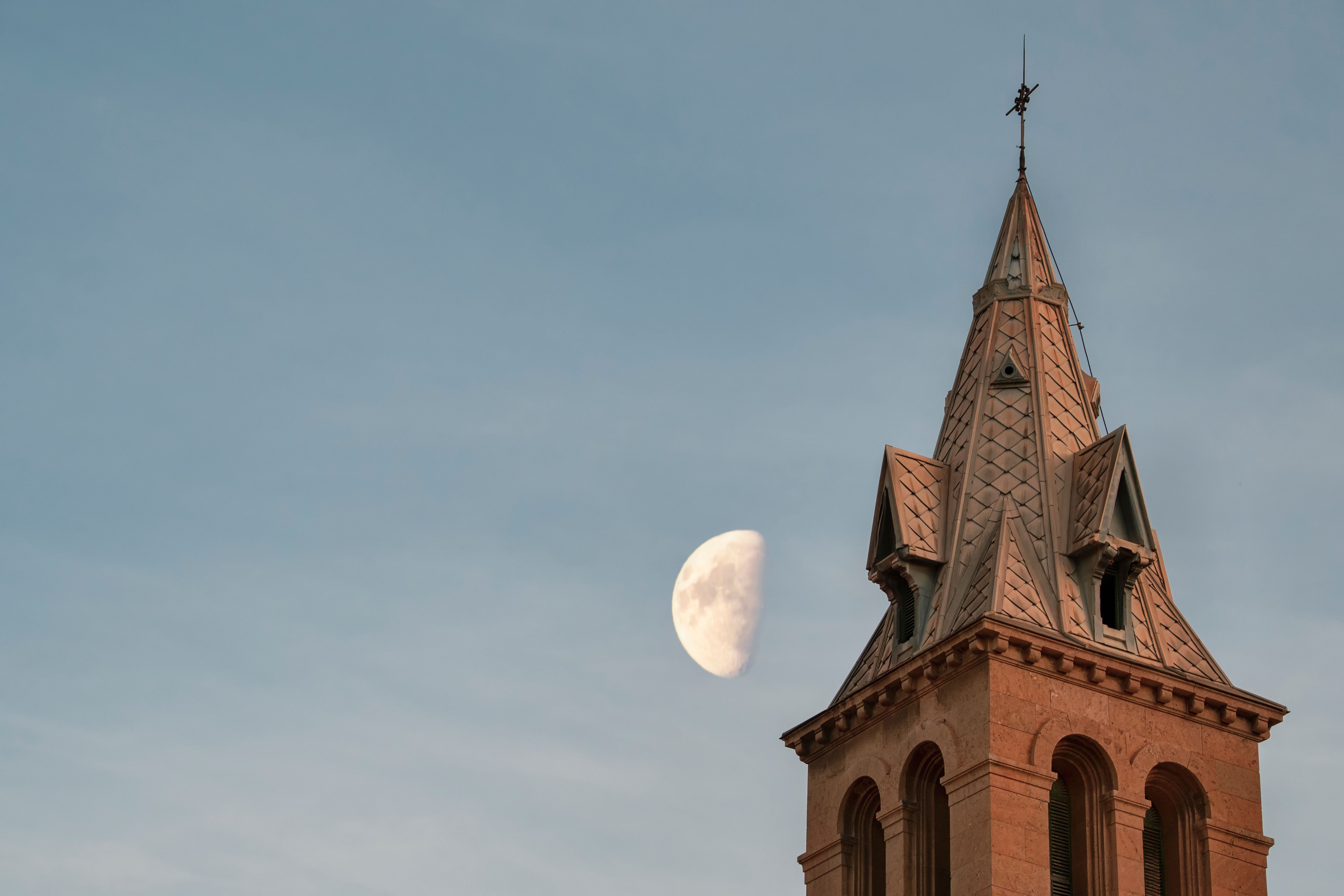 Historic Tower with Half Moon at Twilight · Free Stock Photo