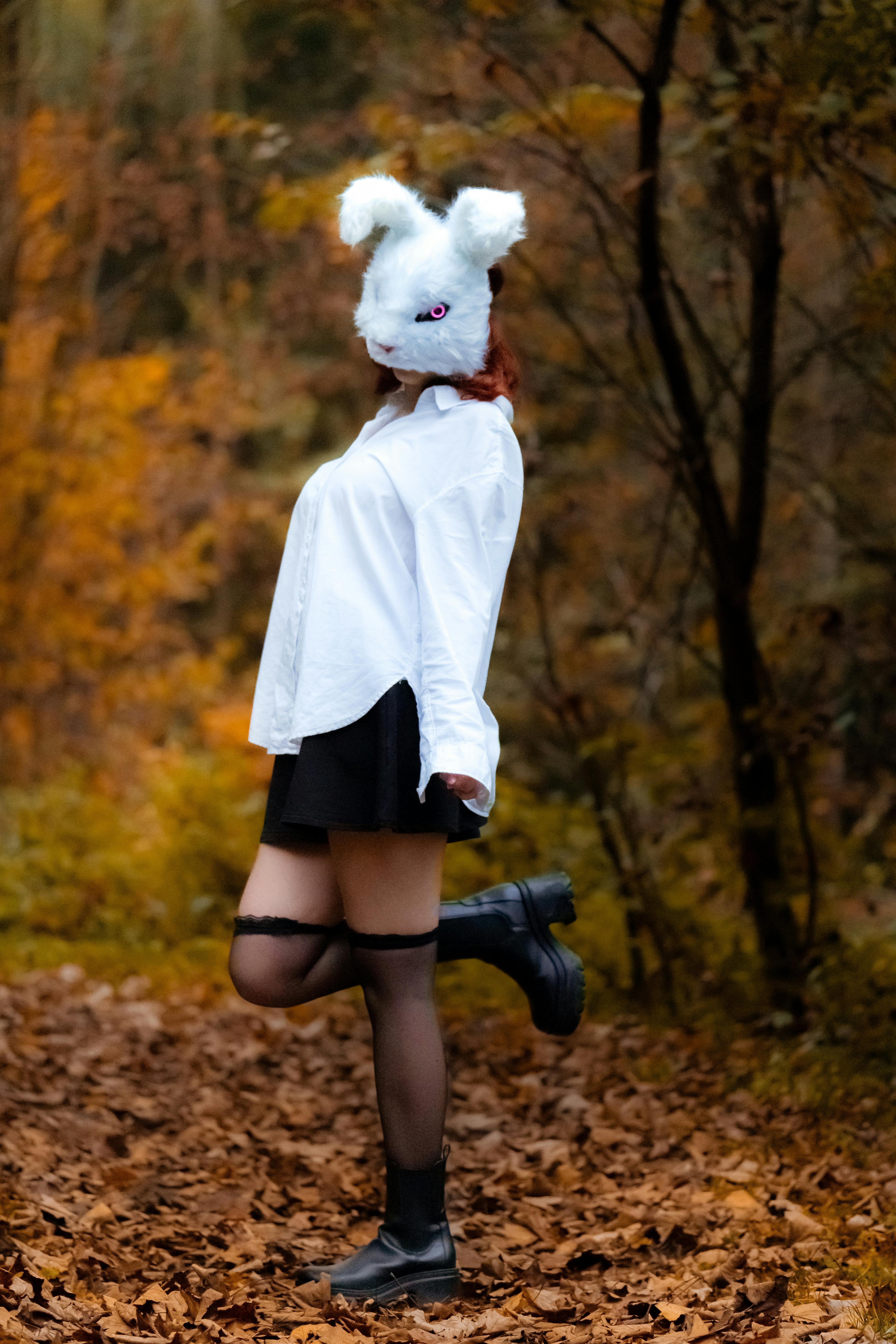 Woman in Forest with Bunny Mask and Costume · Free Stock Photo