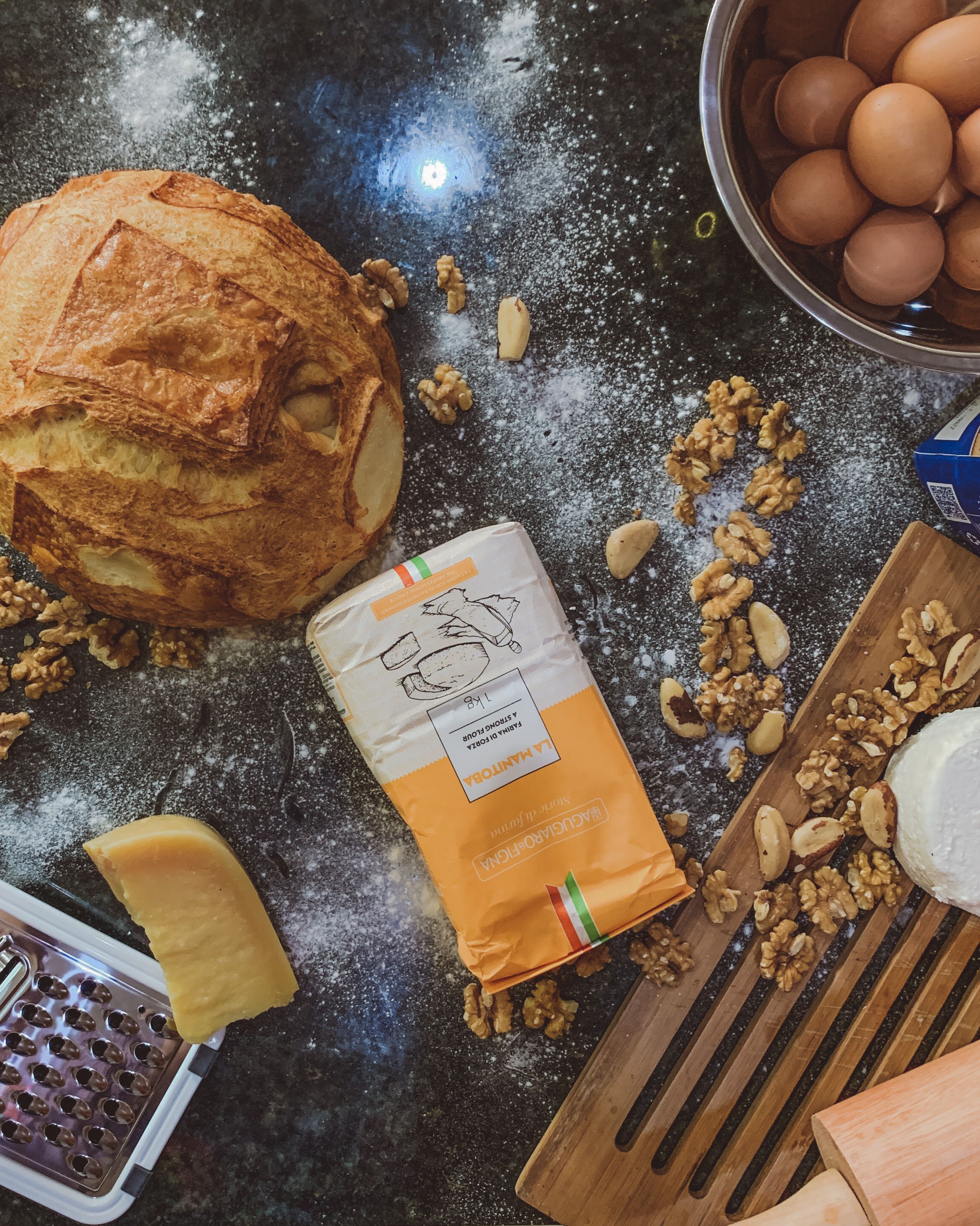 Rustic Bread and Cheese Flat Lay with Eggs · Free Stock Photo