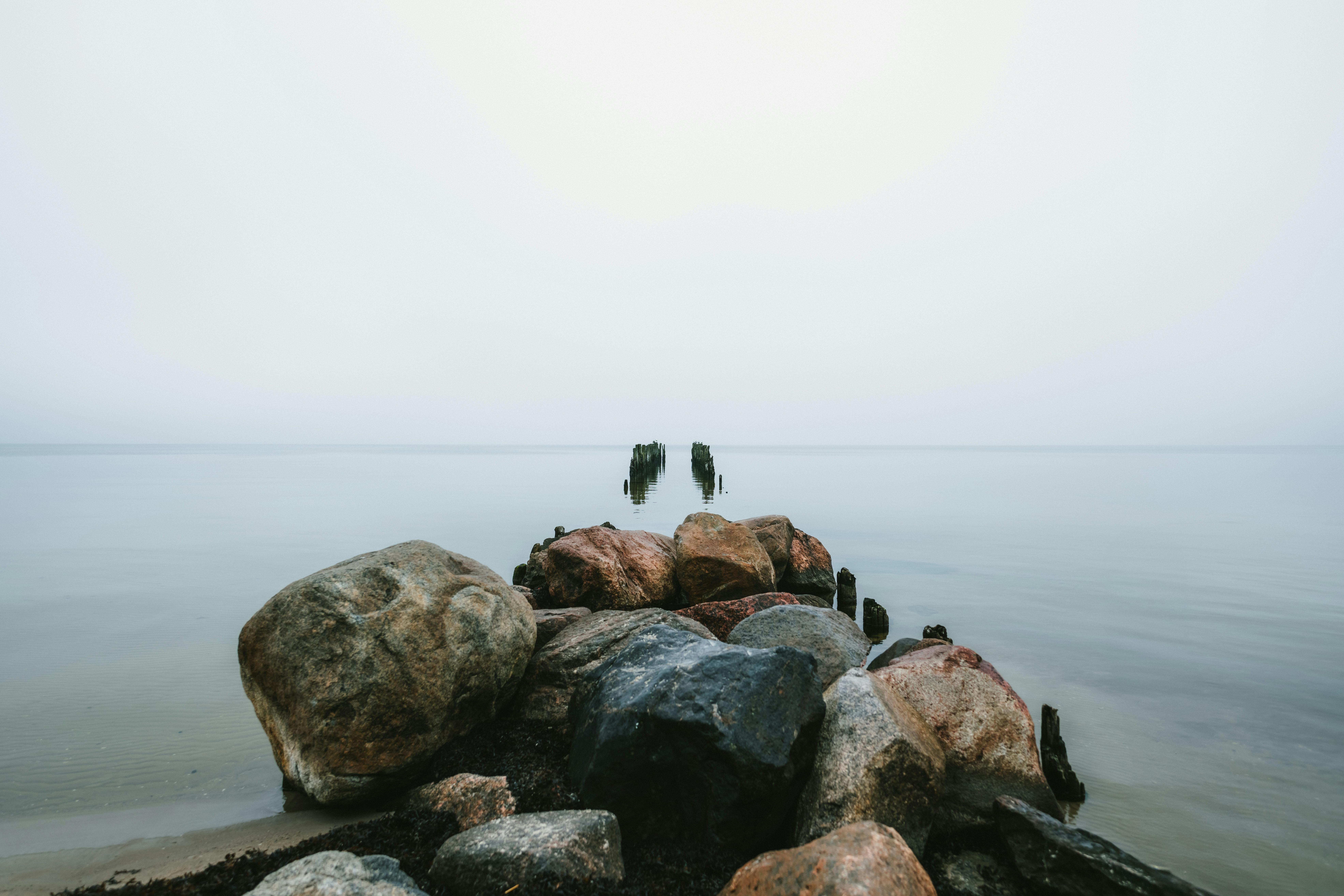 Serene Lakeside Rocks in a Foggy Morning · Free Stock Photo