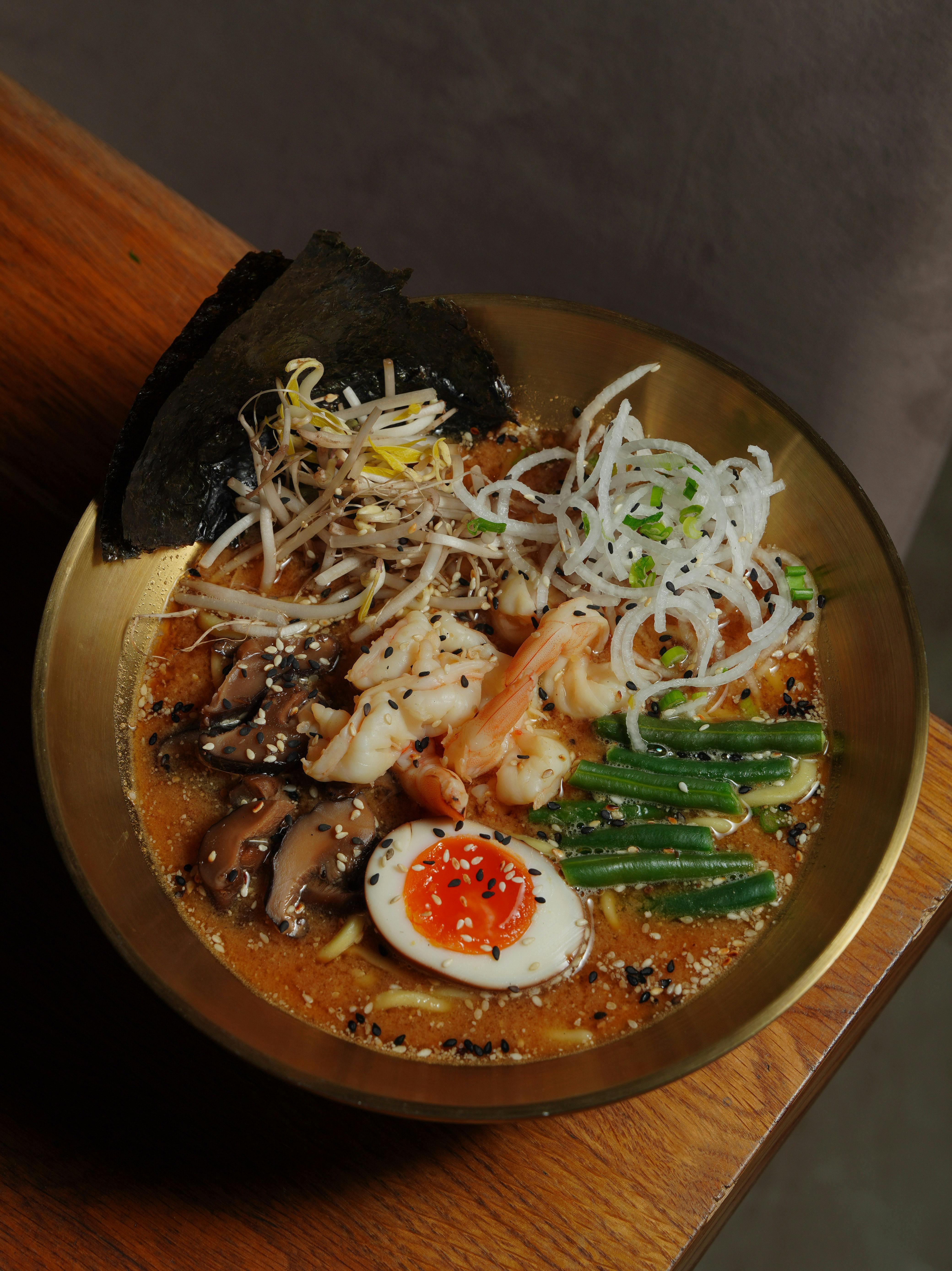 Gourmet Seafood Ramen with Egg and Vegetables · Free Stock Photo