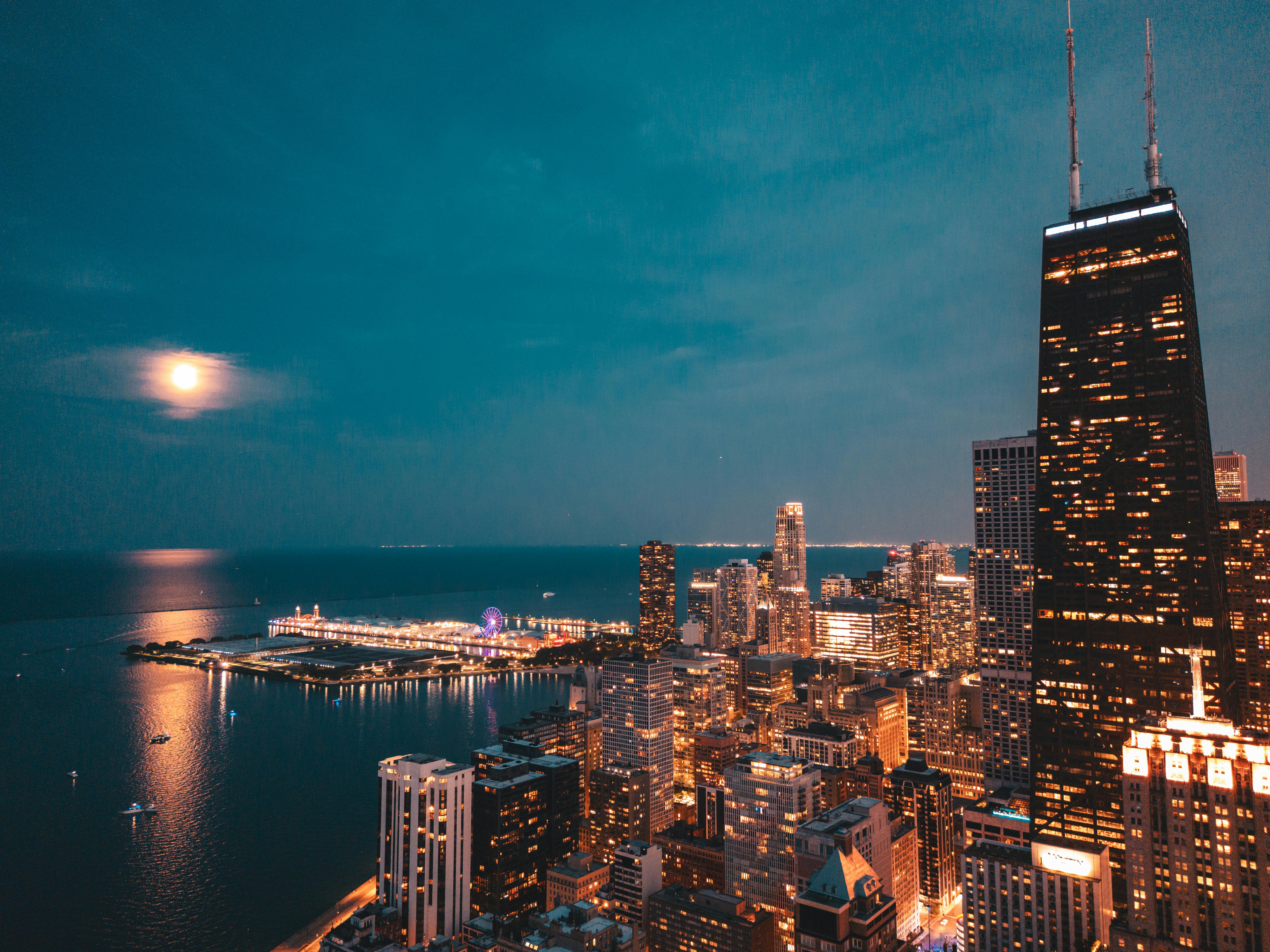 Chicago Night Skyline with Moon and Lake View · Free Stock Photo
