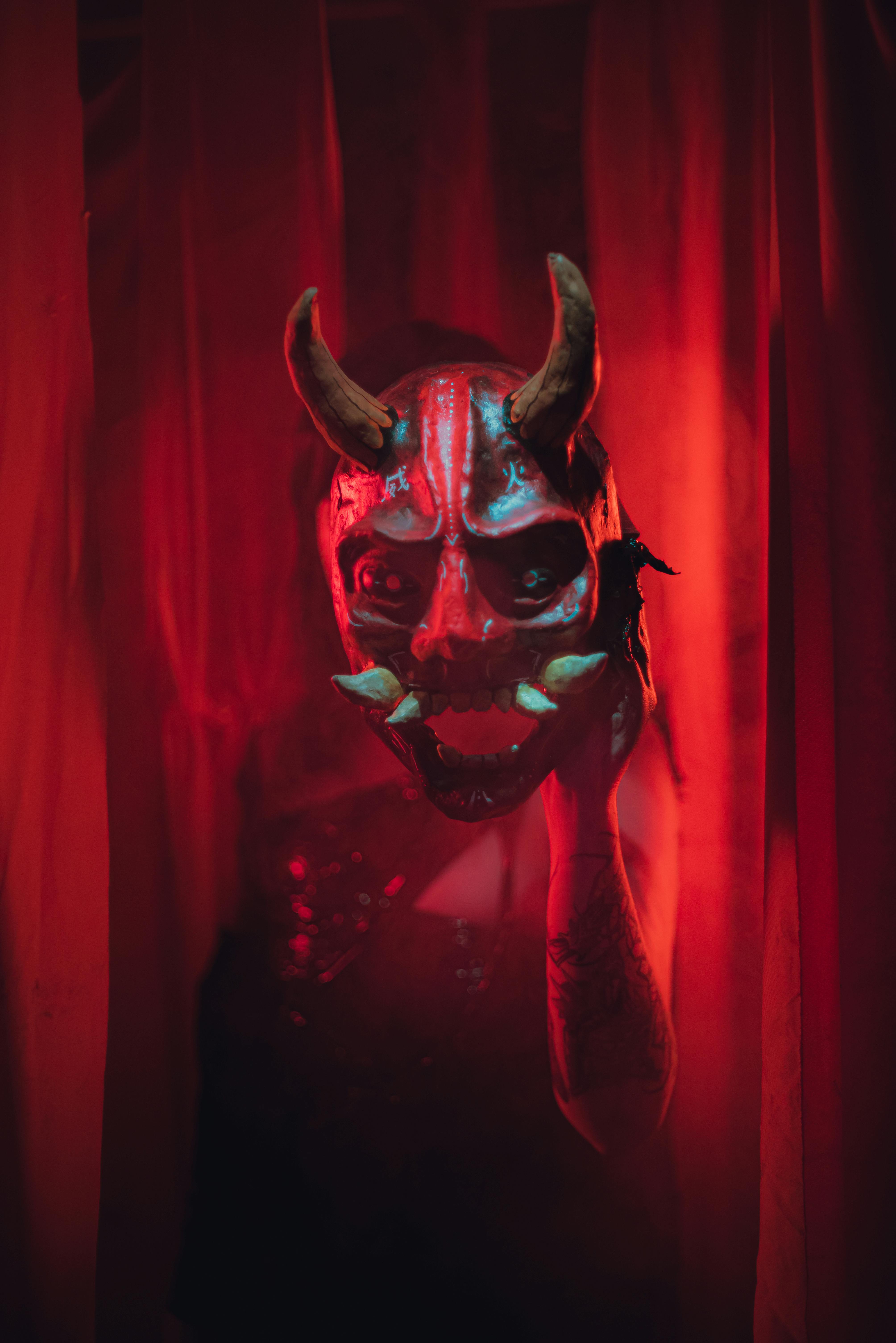 Dramatic Portrait with Devil Mask in Red Light · Free Stock Photo