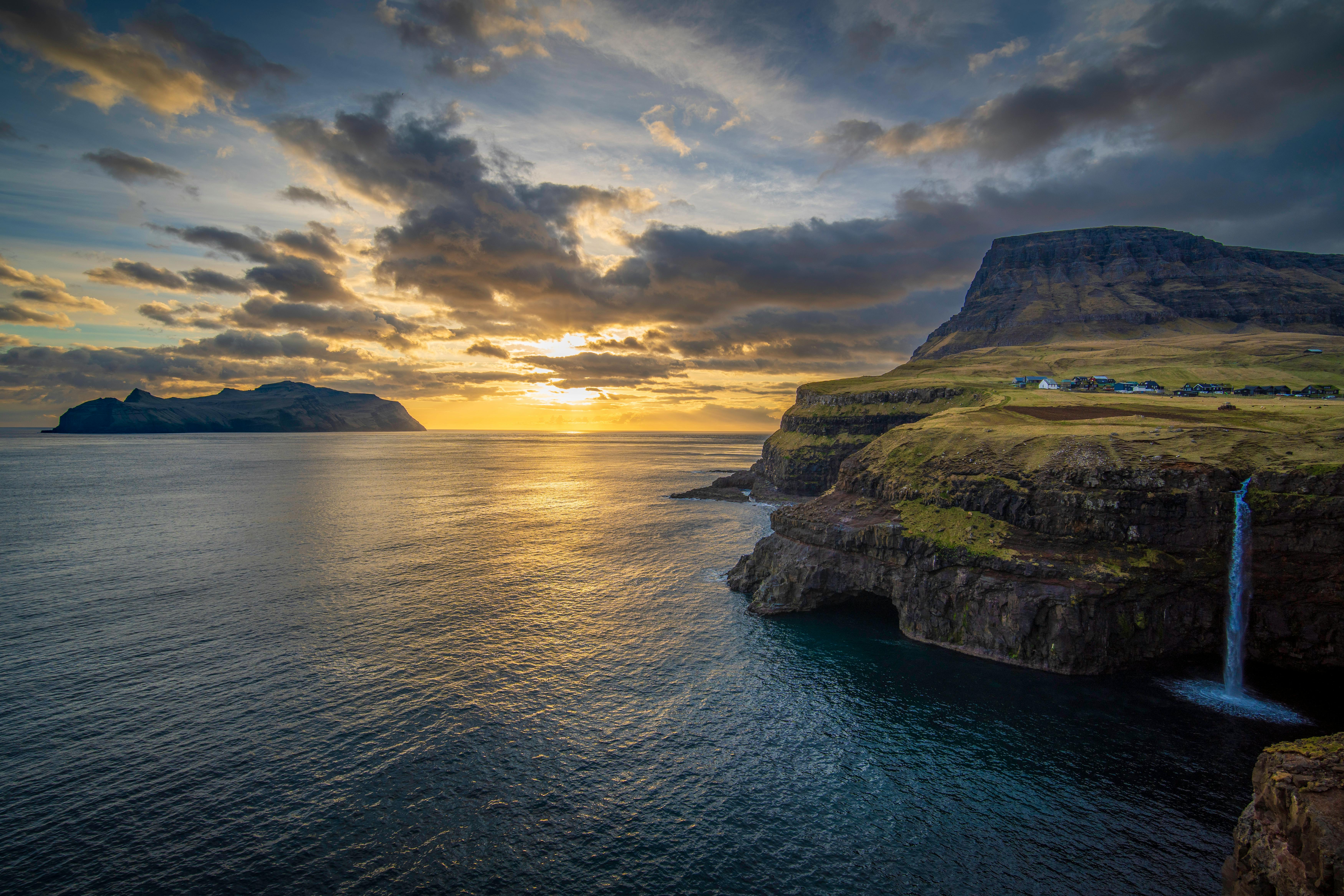 Sunset at Mulafossur Waterfall, Faroe Islands · Free Stock Photo