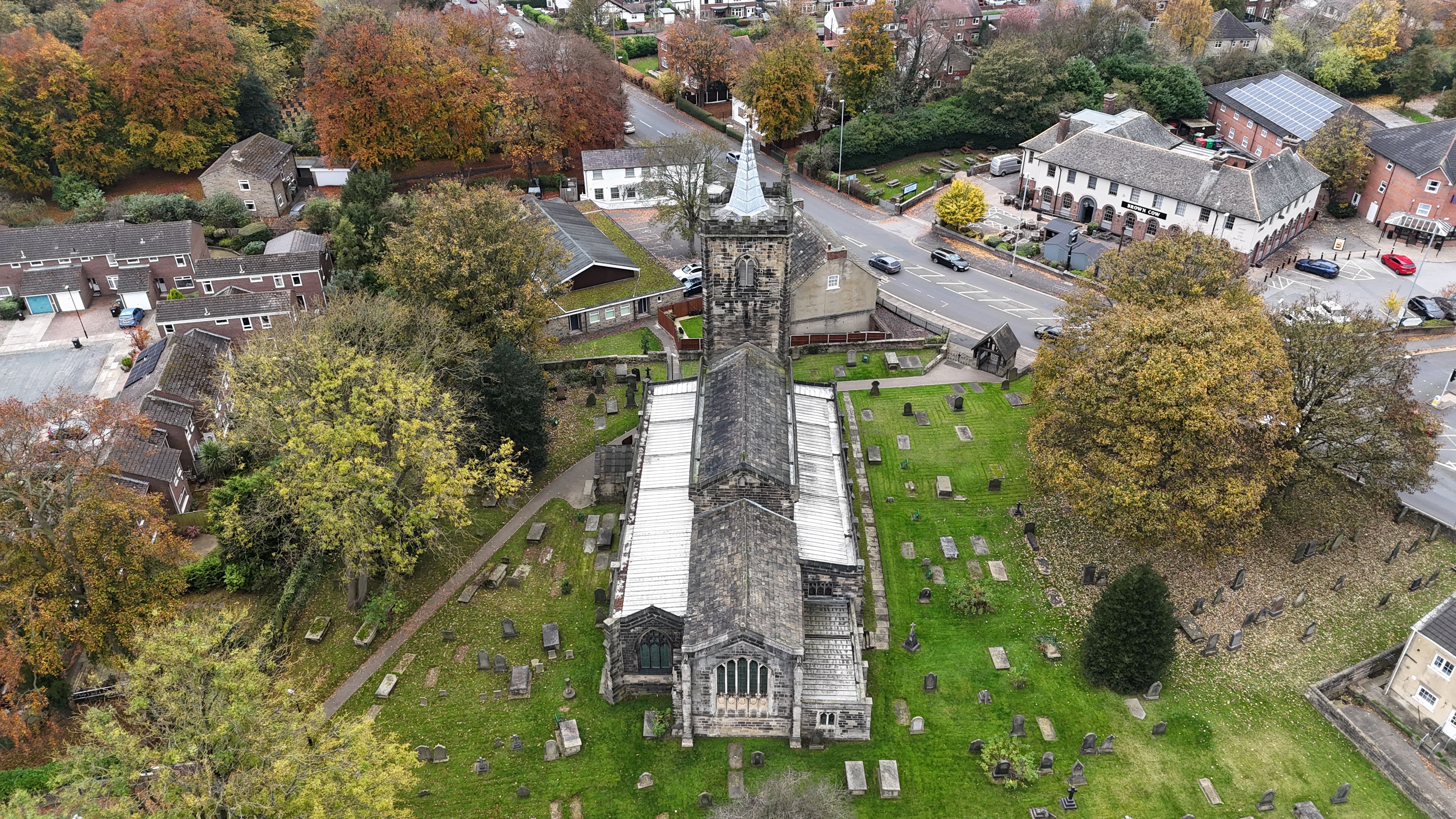 Aerial View of Historic Church in Autumn · Free Stock Photo