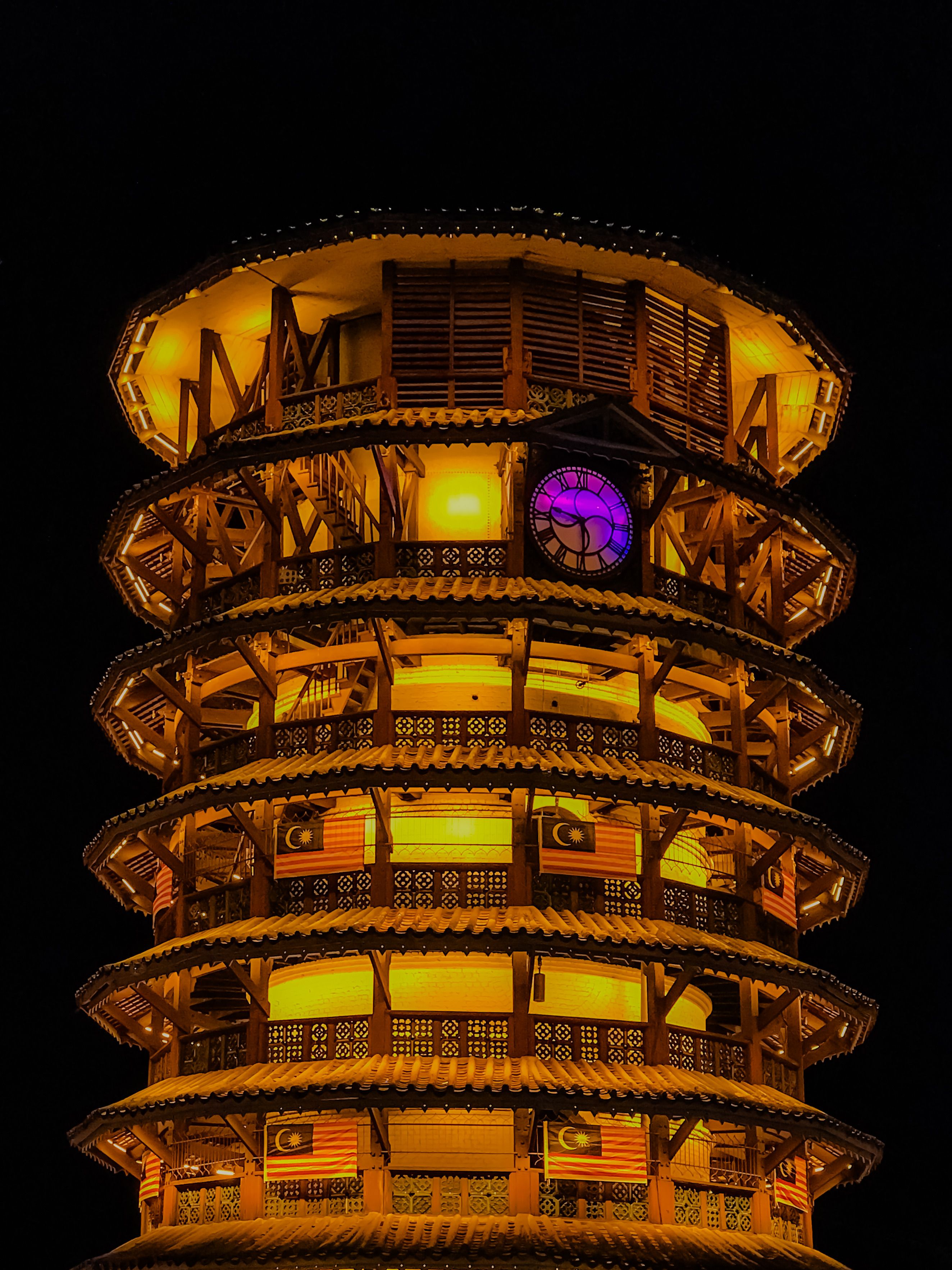 Illuminated Pagoda Tower at Night with Clock · Free Stock Photo