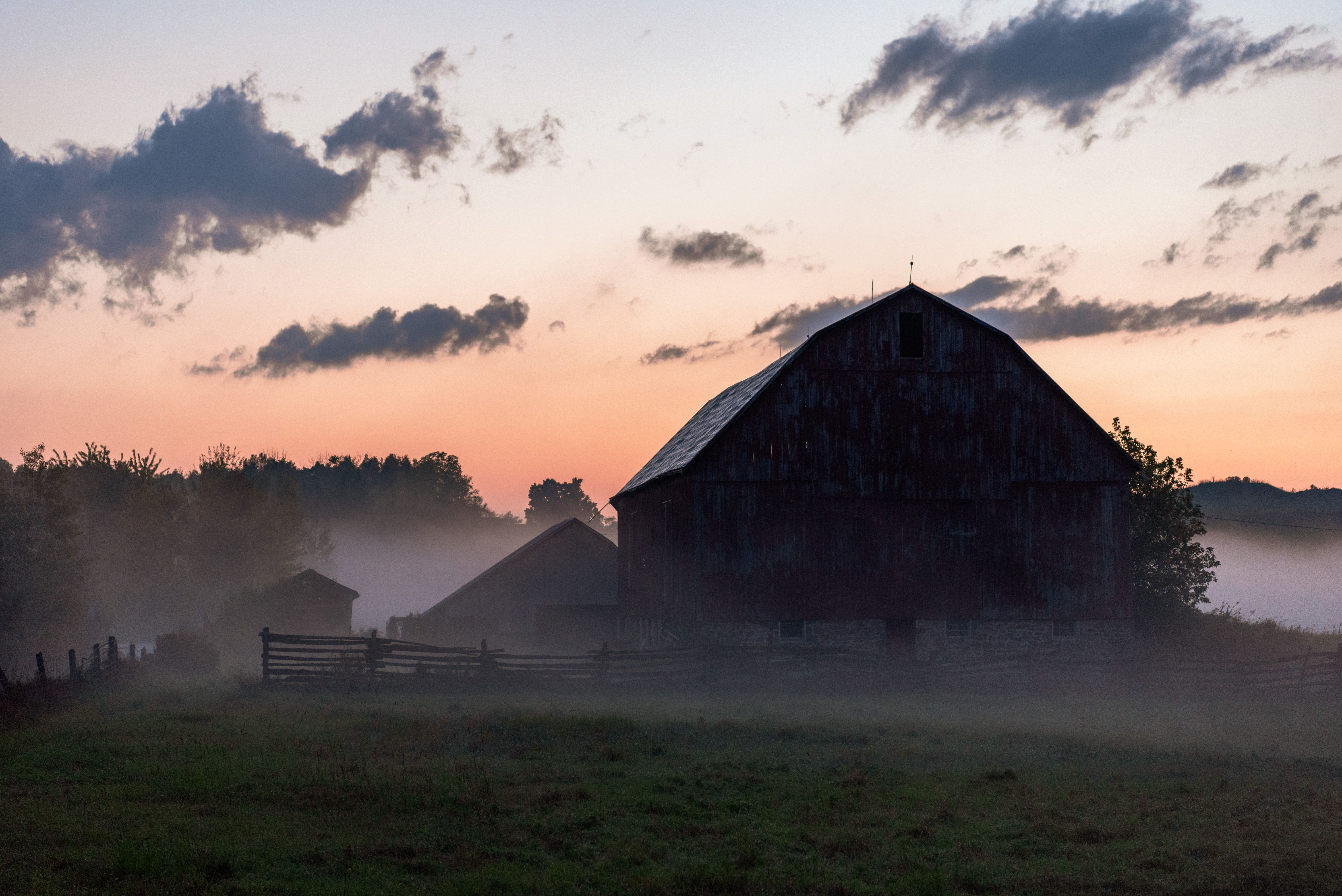 Misty Canadian Farmhouse at Dawn · Free Stock Photo