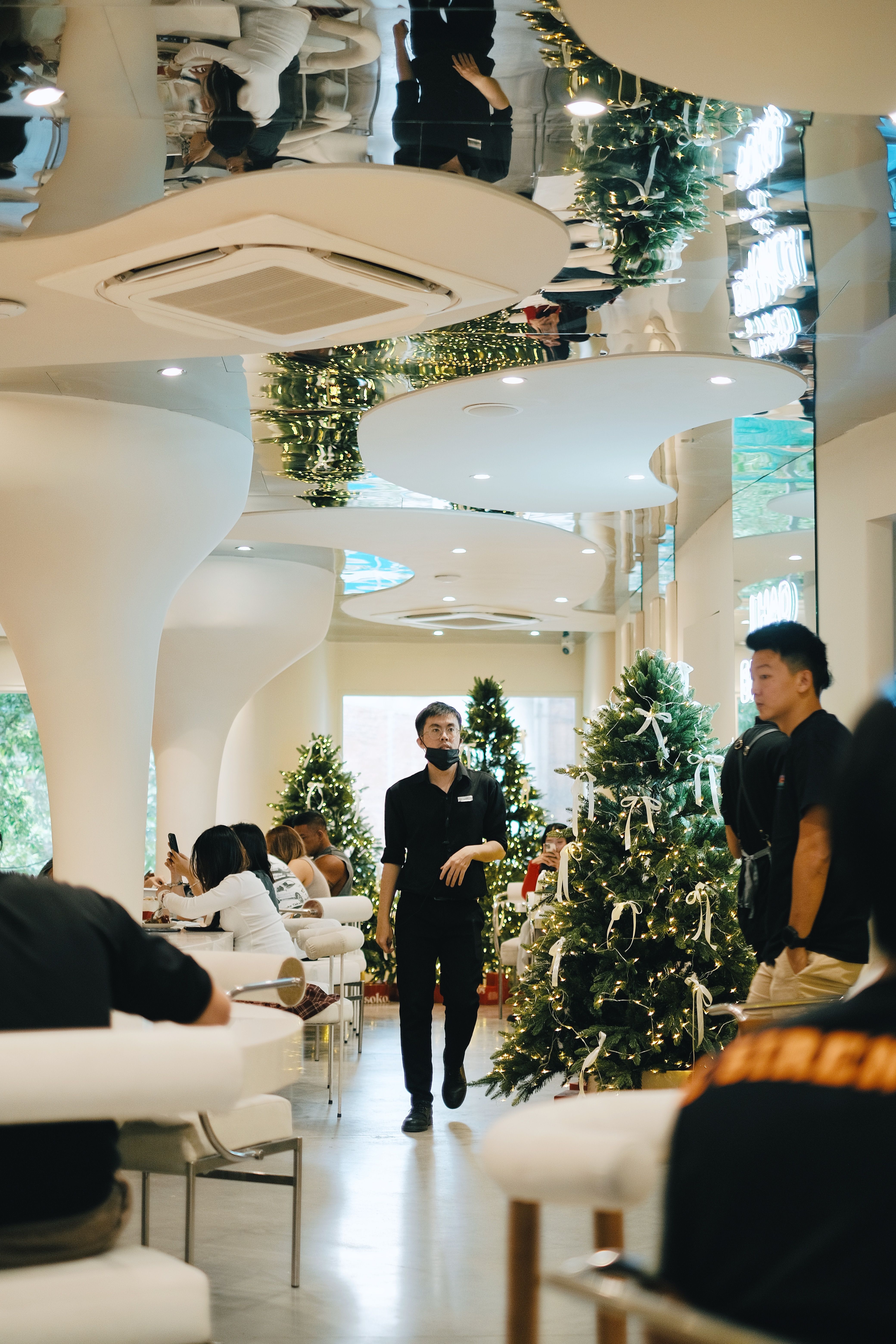 Modern Cafe Decorated with Christmas Trees and Lights · Free Stock Photo