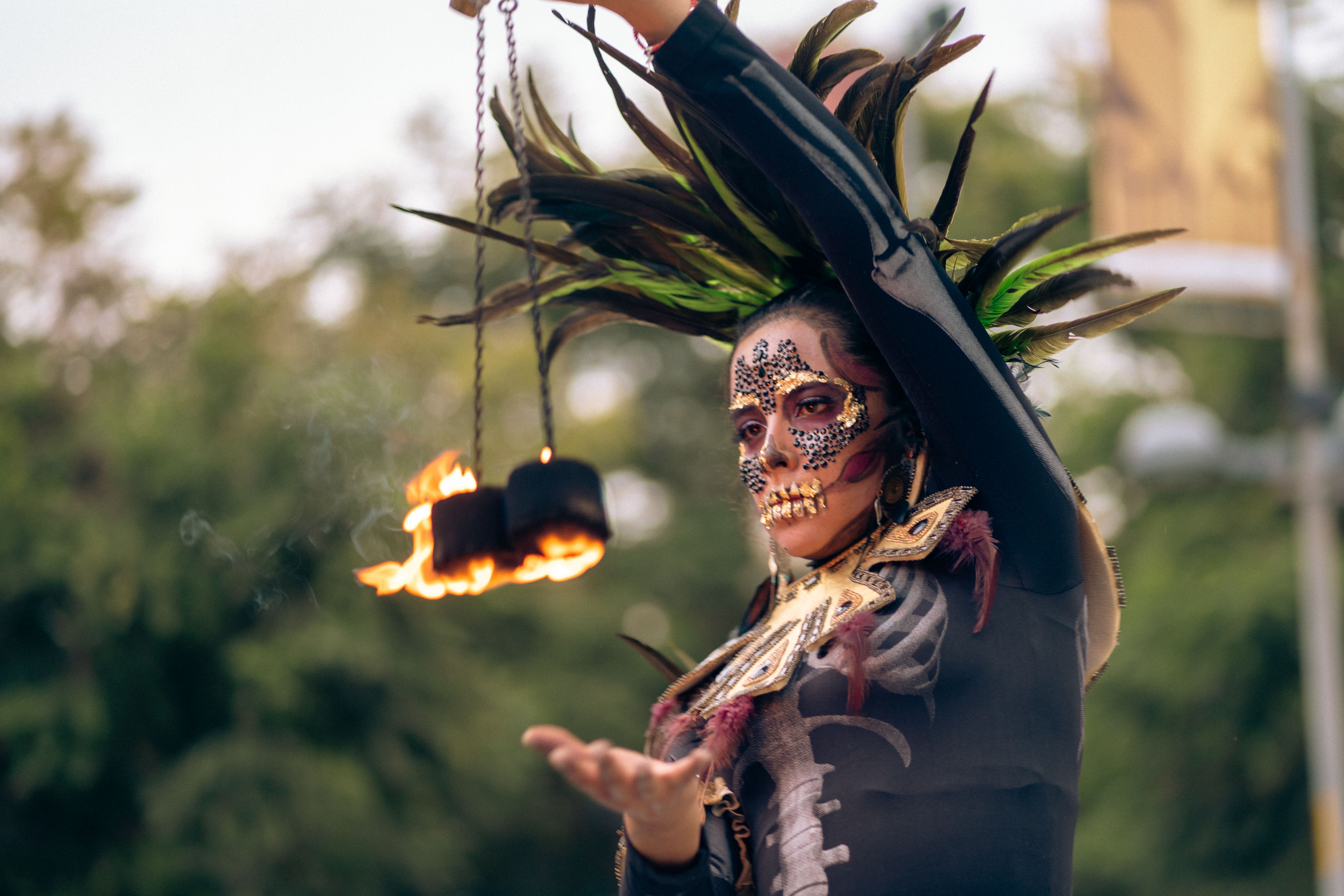 Fire Performer in Catrina Costume with Colorful Makeup · Free Stock Photo