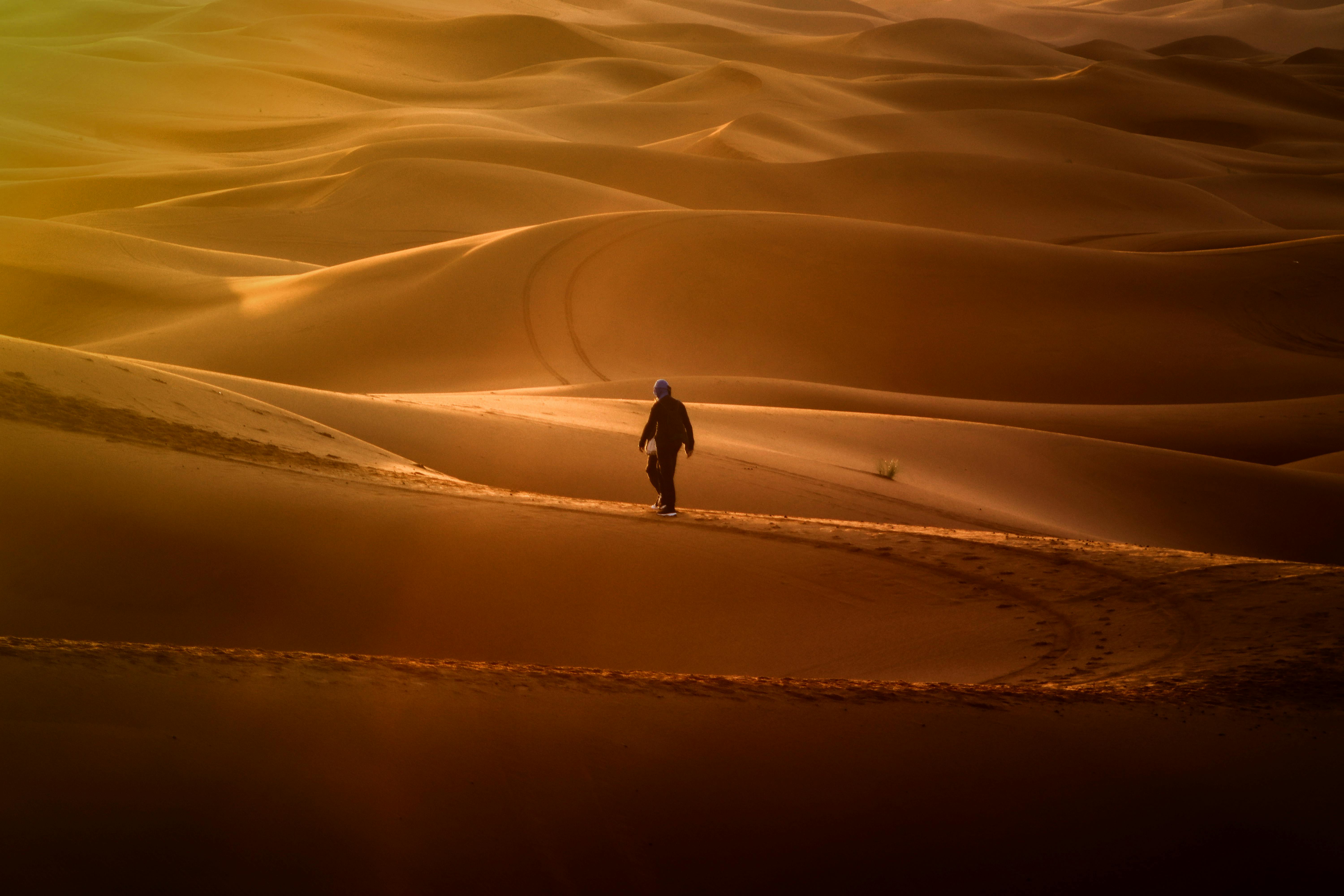 Solitary Figure Walking Across Desert Dunes · Free Stock Photo