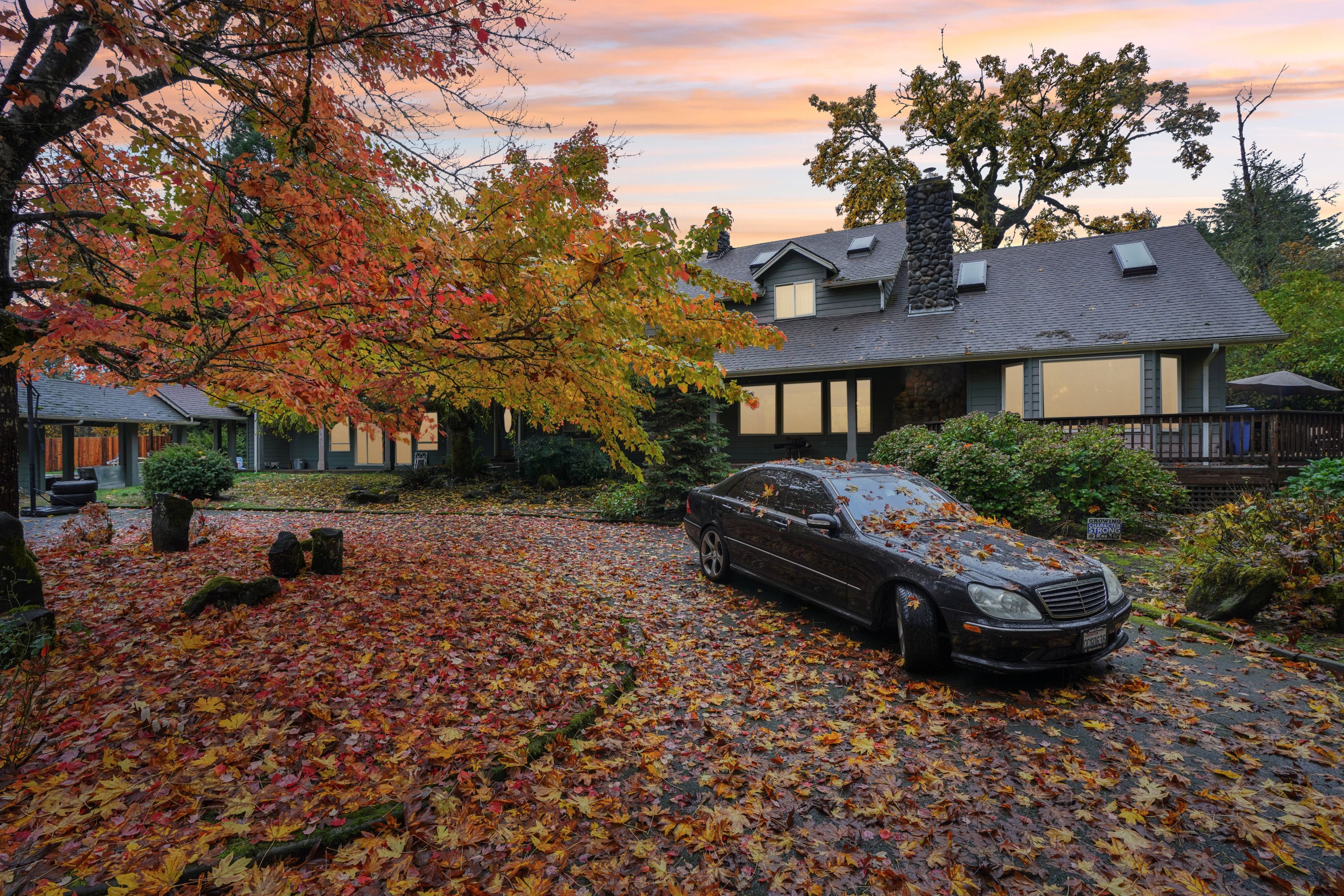 Charming Autumn Residential Scene with Leaf-Covered Driveway · Free ...