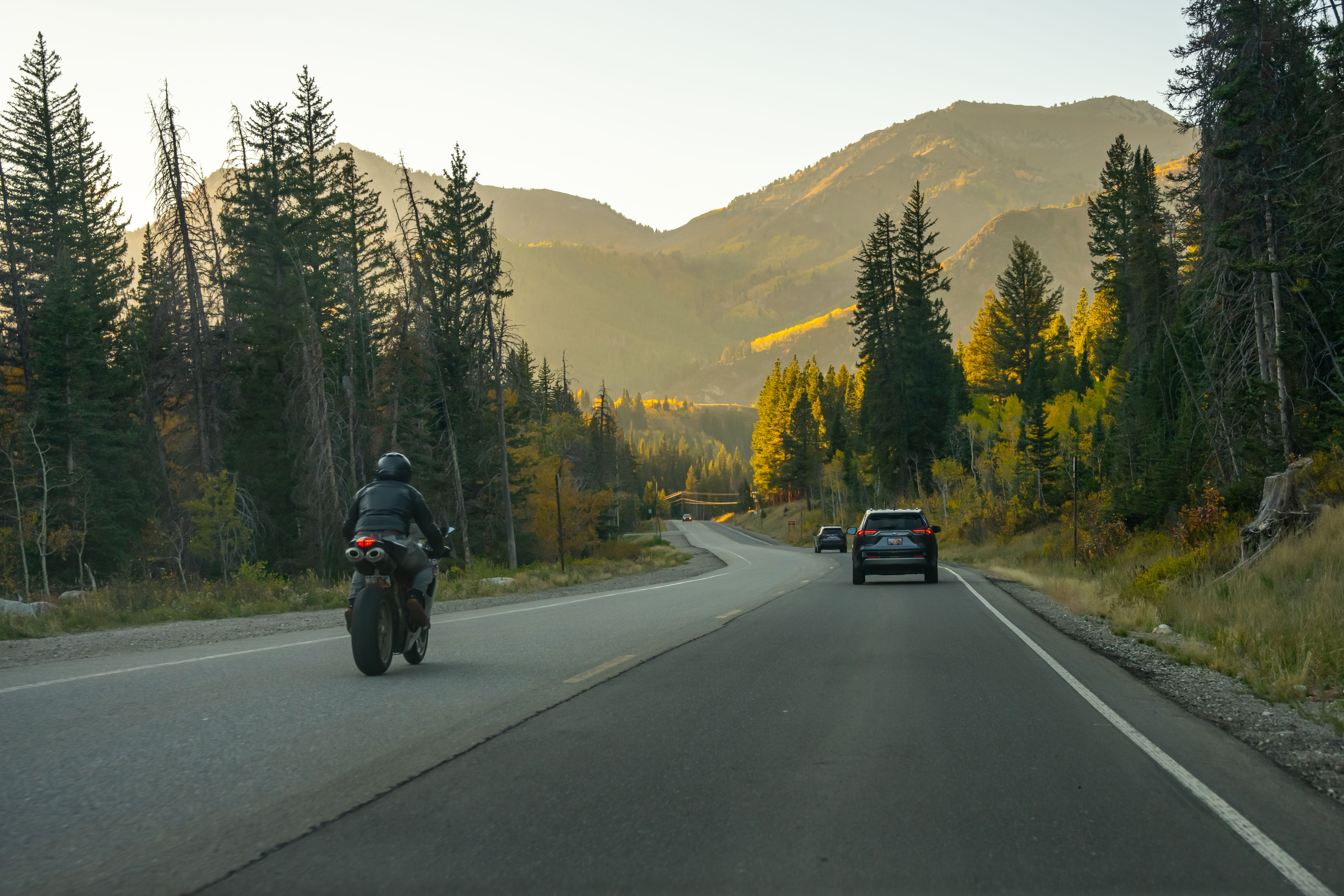 Scenic Mountain Road with Motorcycle and Cars · Free Stock Photo