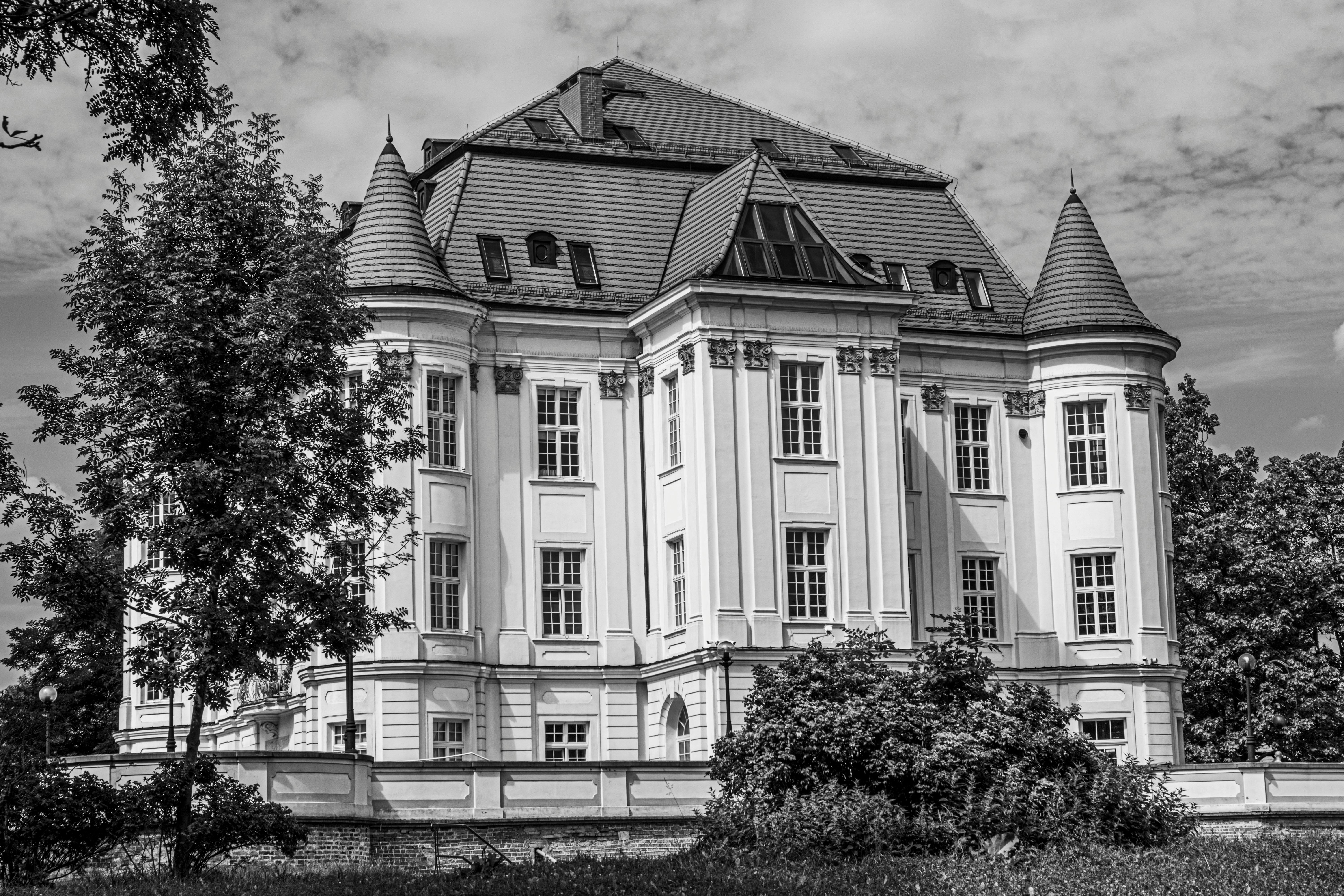 Historic European Manor in Black and White · Free Stock Photo