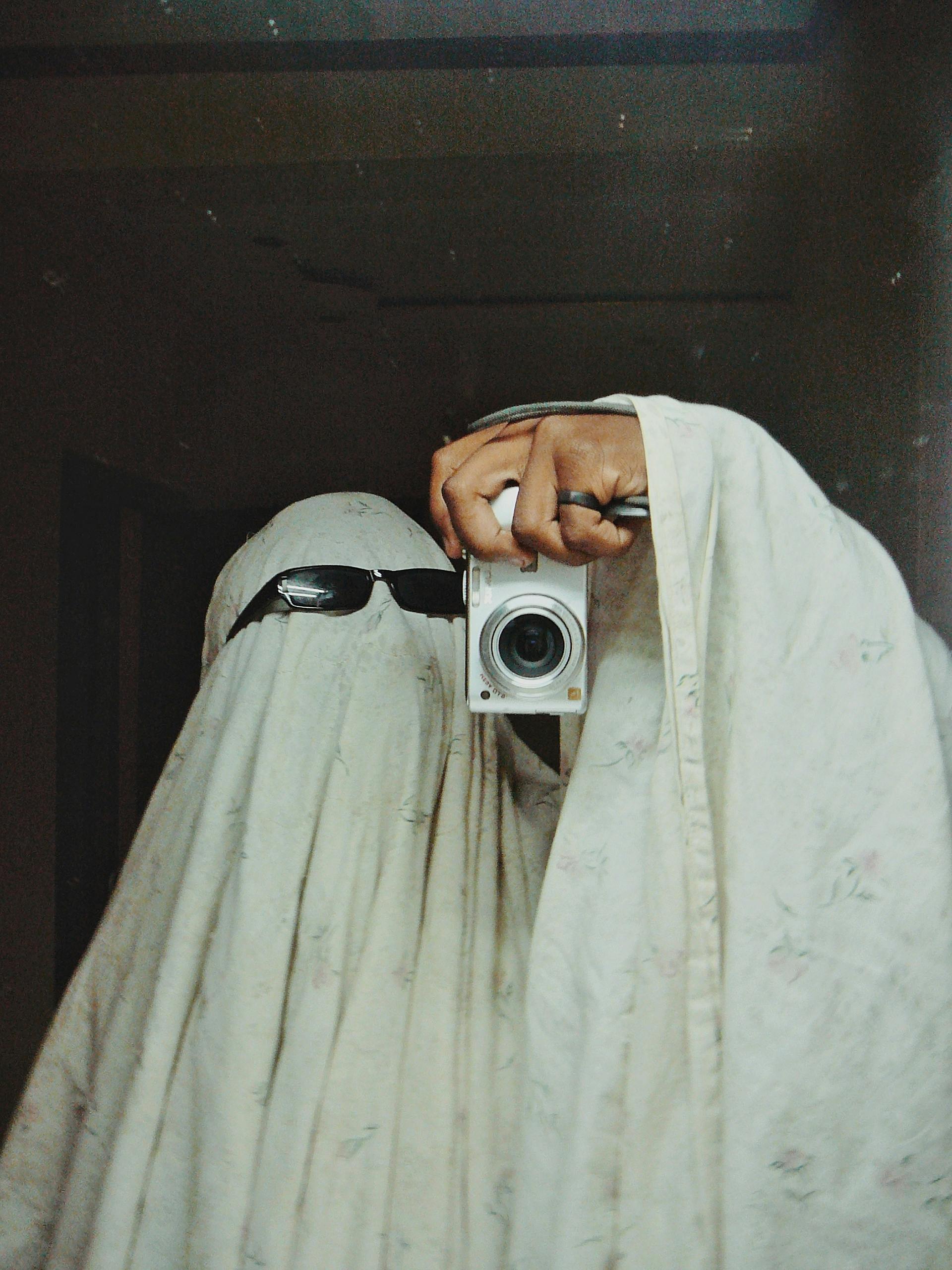 Creative Ghost Costume Mirror Selfie with Camera · Free Stock Photo