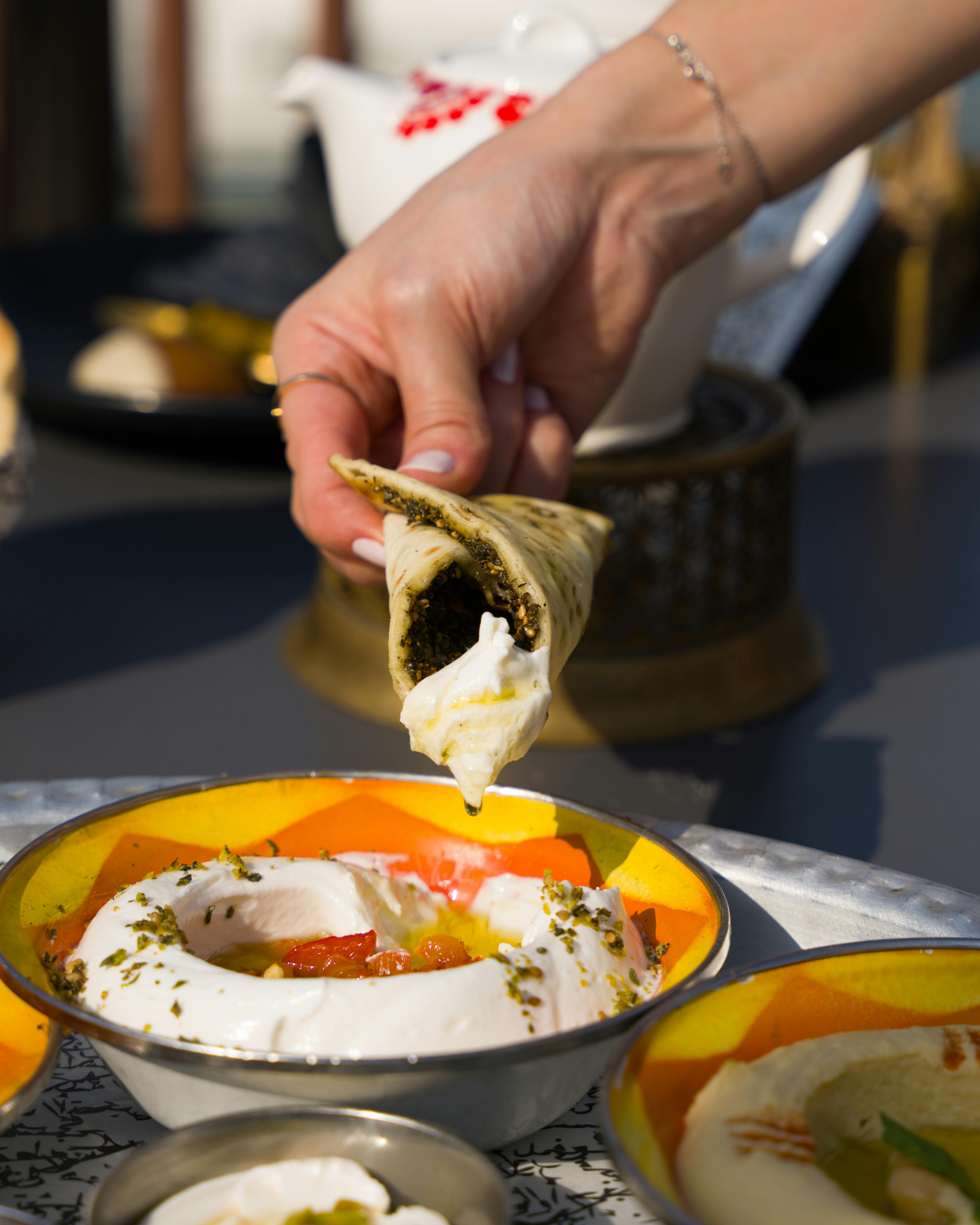 Middle Eastern Breakfast with Labneh Bread Dip · Free Stock Photo