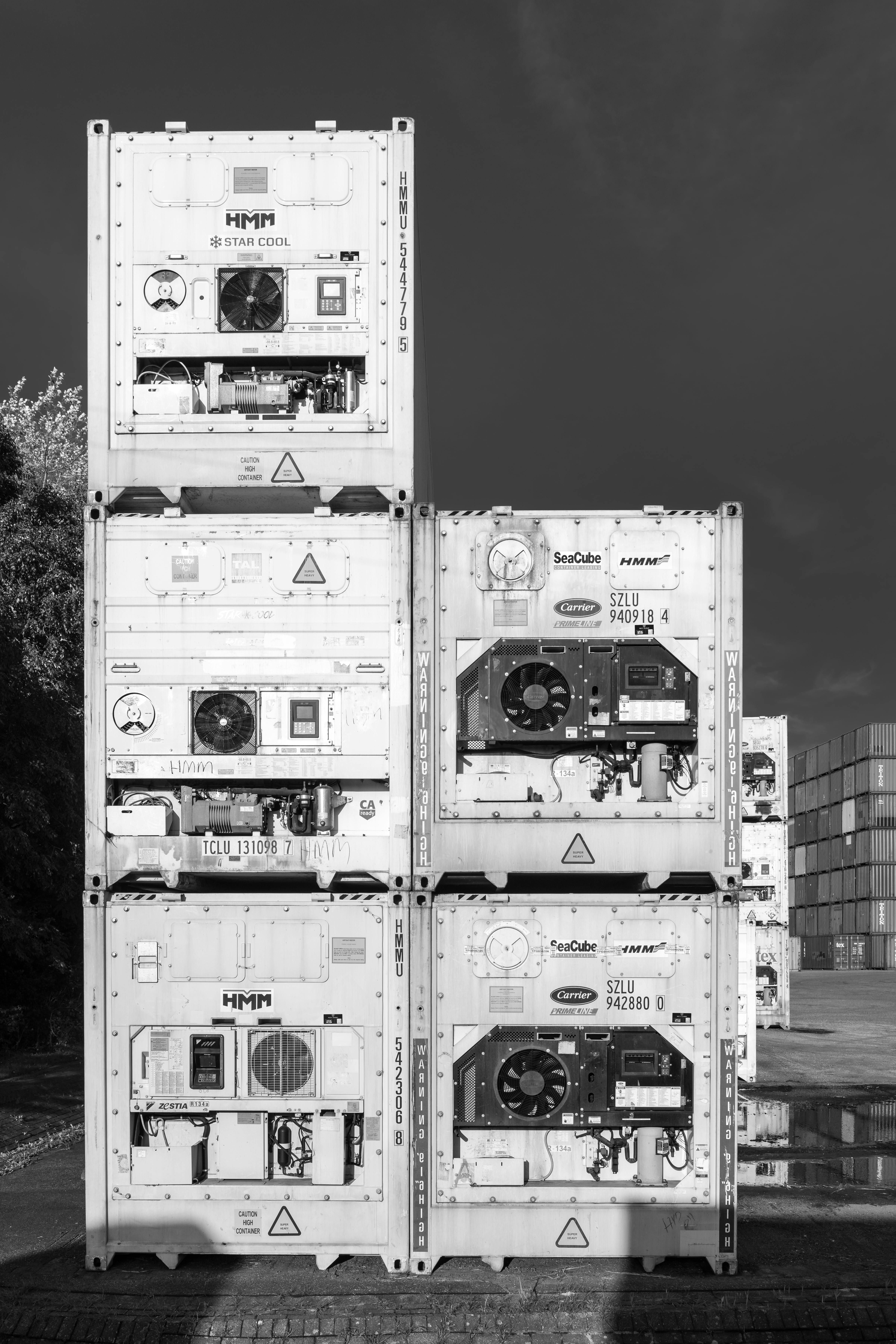 Monochrome Shipping Containers Stacked in Hamburg Port · Free Stock Photo