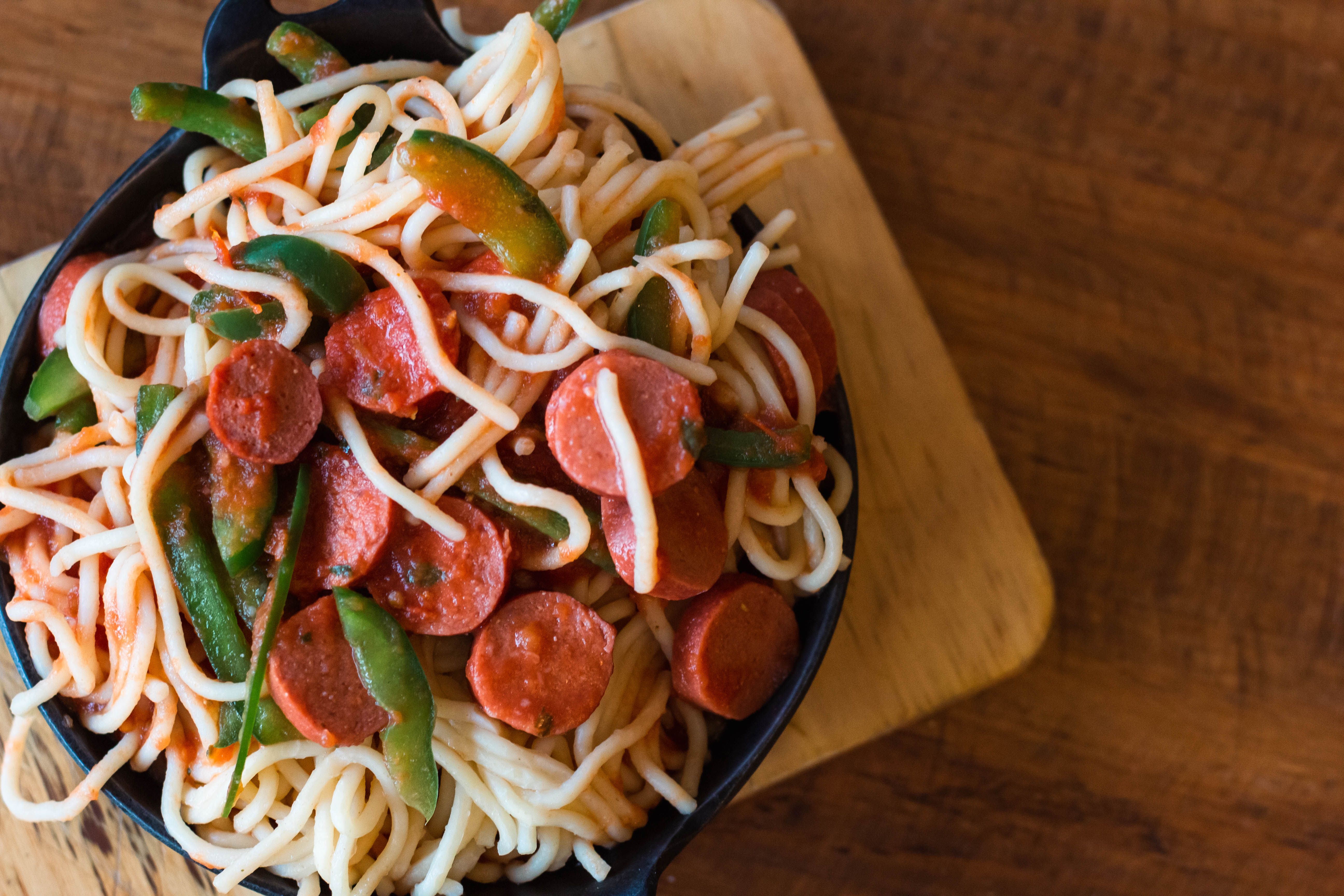 Delicious Spaghetti with Peppers and Sausages · Free Stock Photo