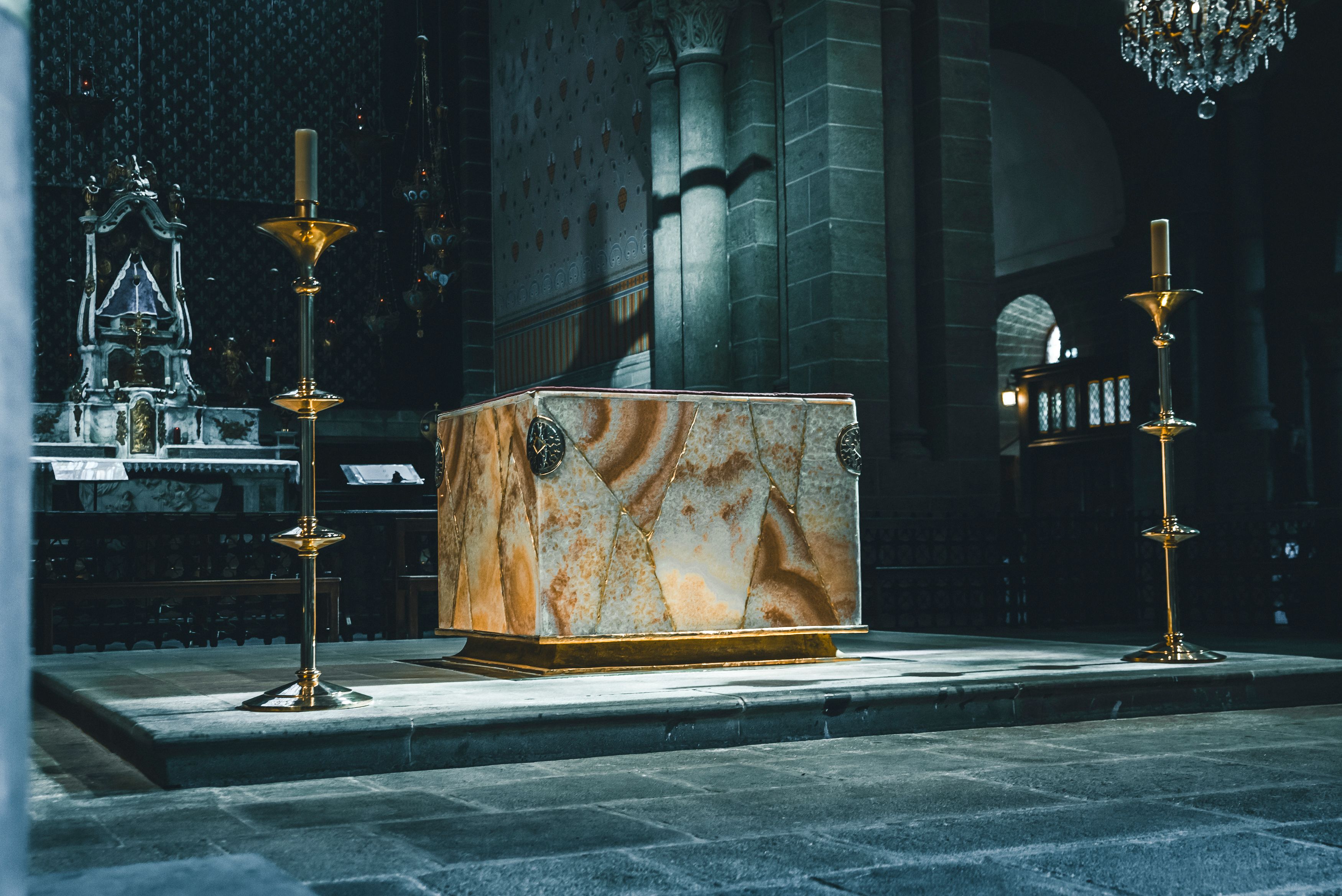 Elegant Altar in Dimly Lit Church Interior · Free Stock Photo