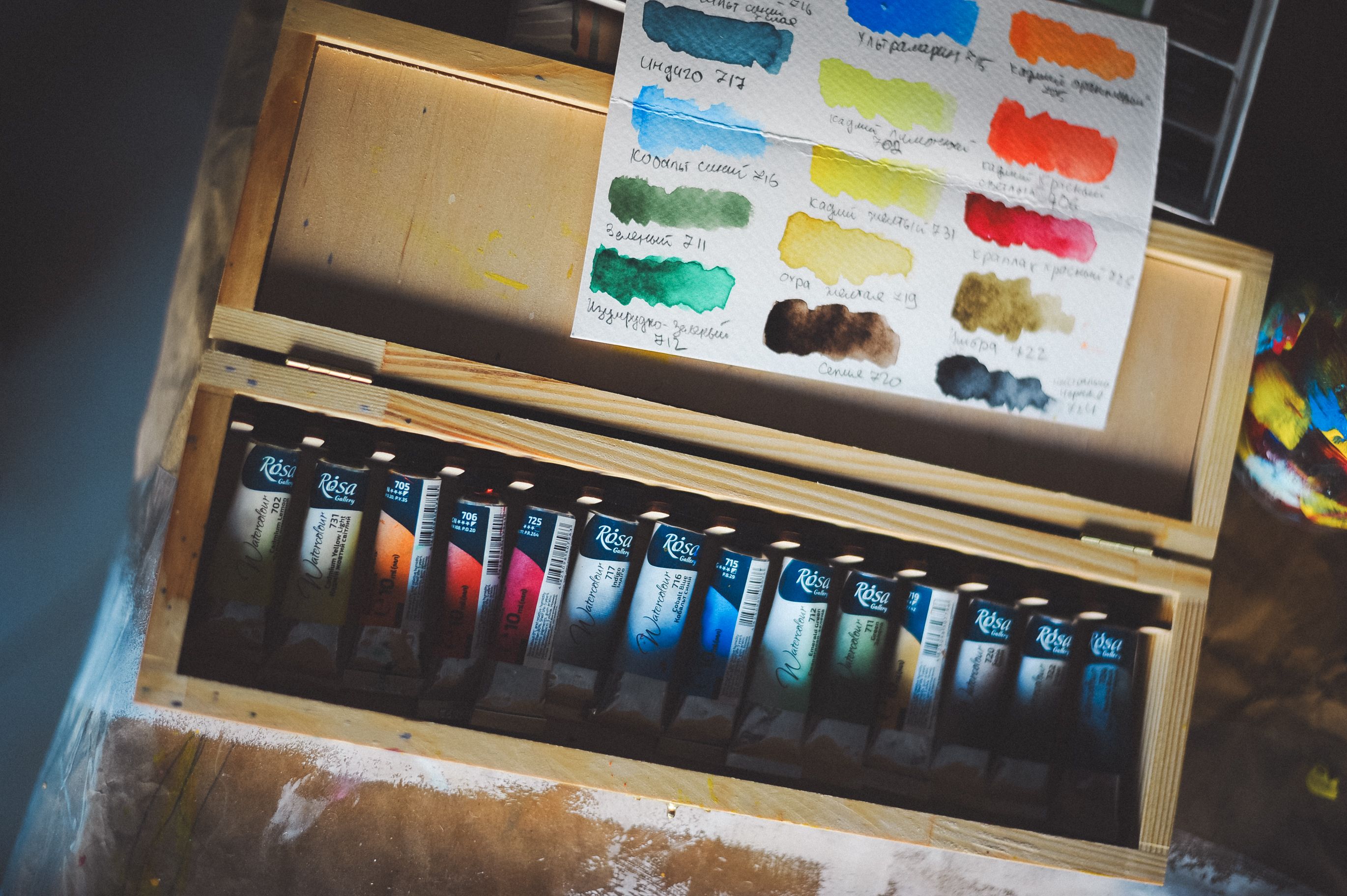 Vibrant Paints in Wooden Box with Color Swatches · Free Stock Photo