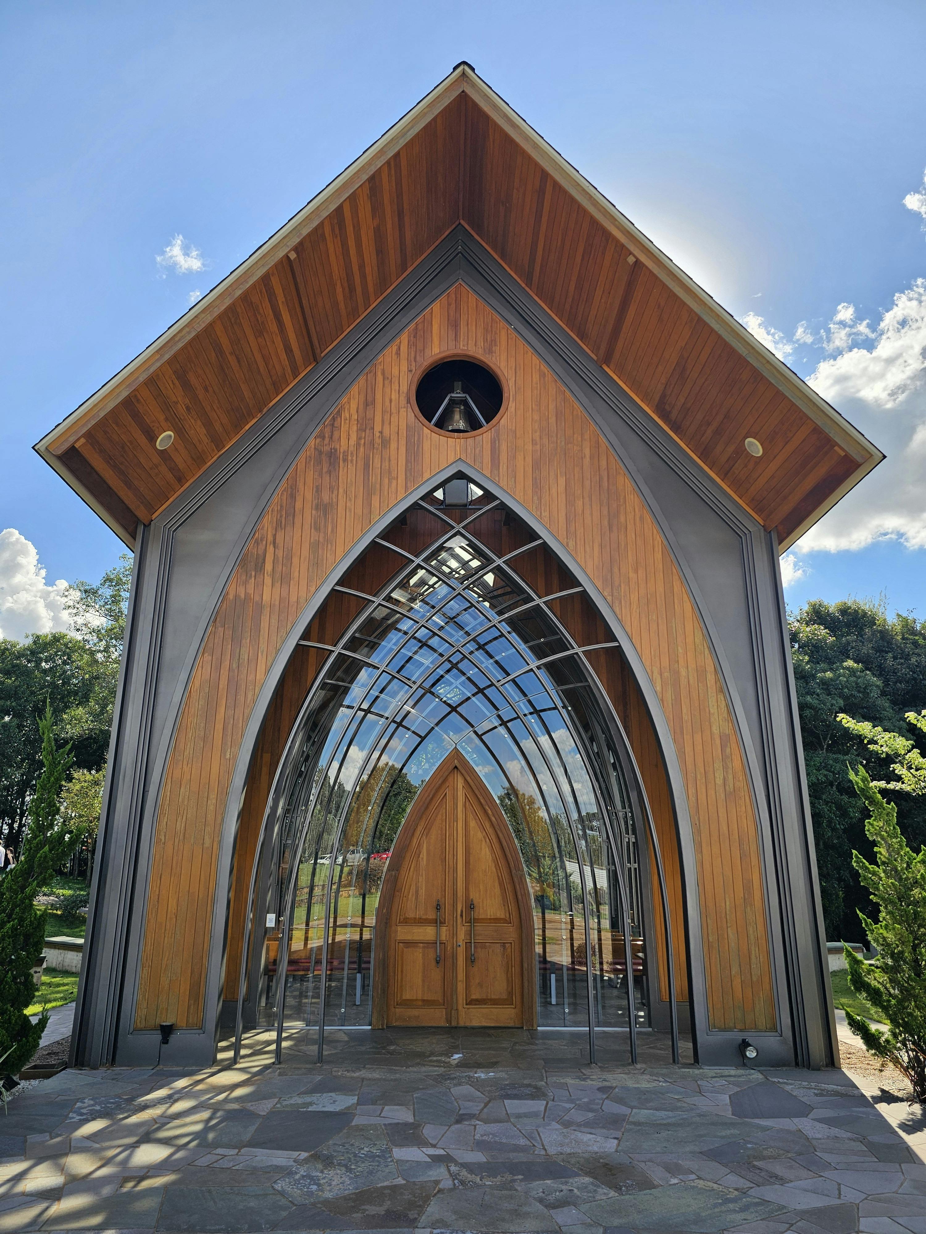 Modern Wooden Chapel with Reflective Glass Facade · Free Stock Photo