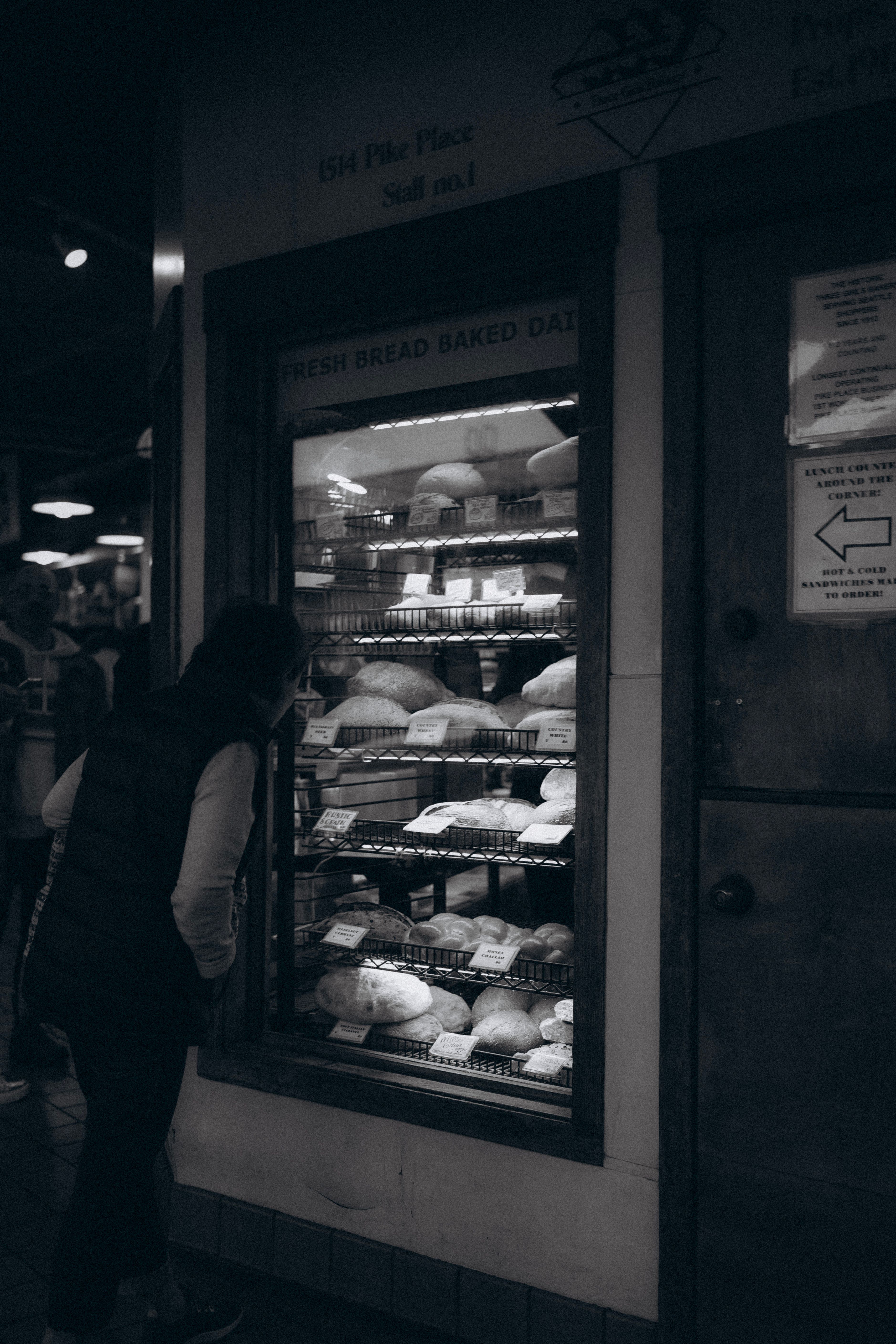 Monochrome Scene at Pike Place Bakery Display · Free Stock Photo