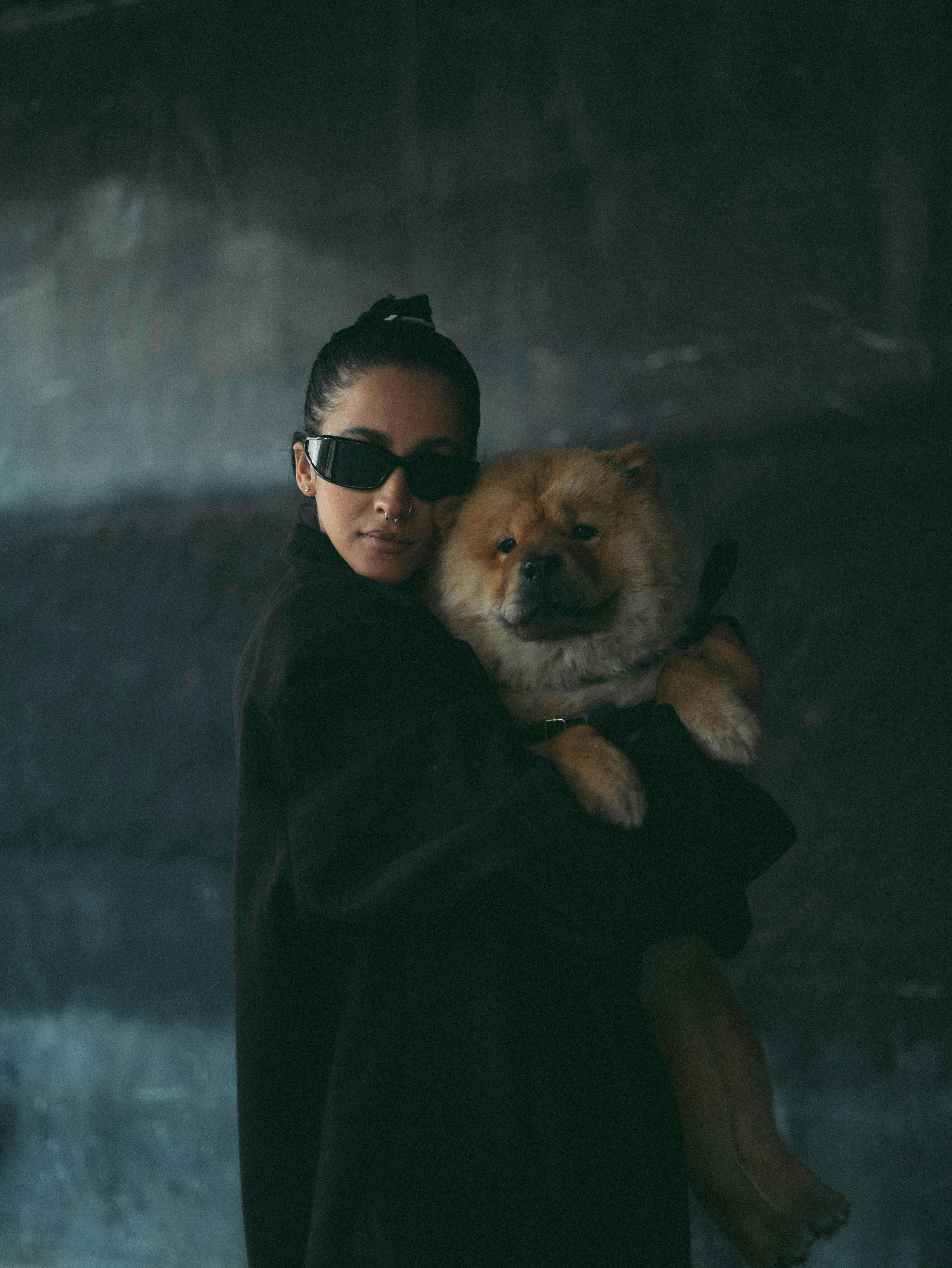 Stylish Woman in Sunglasses Holding a Chow Chow · Free Stock Photo