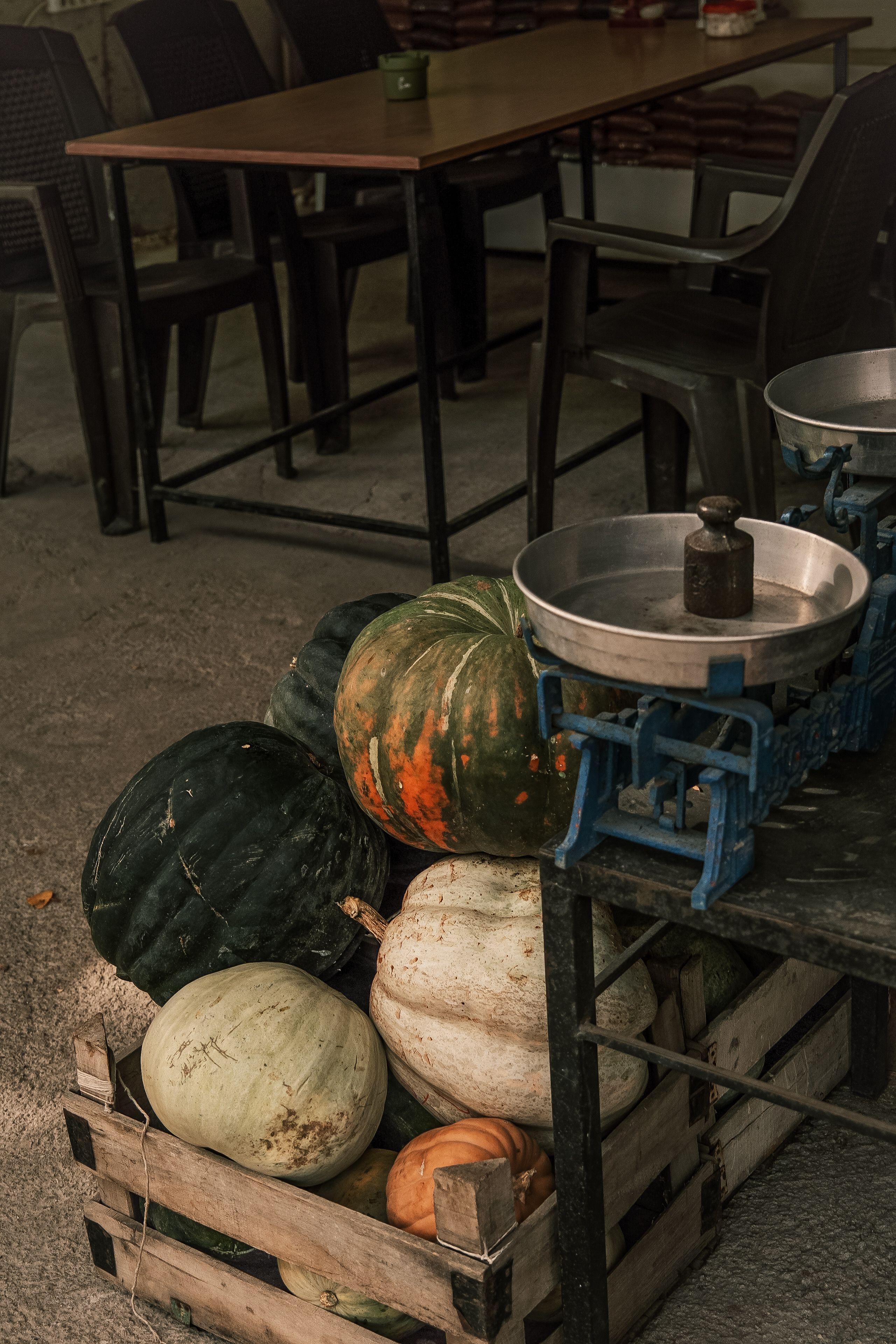 Rustic Market with Pumpkins and Vintage Scale · Free Stock Photo