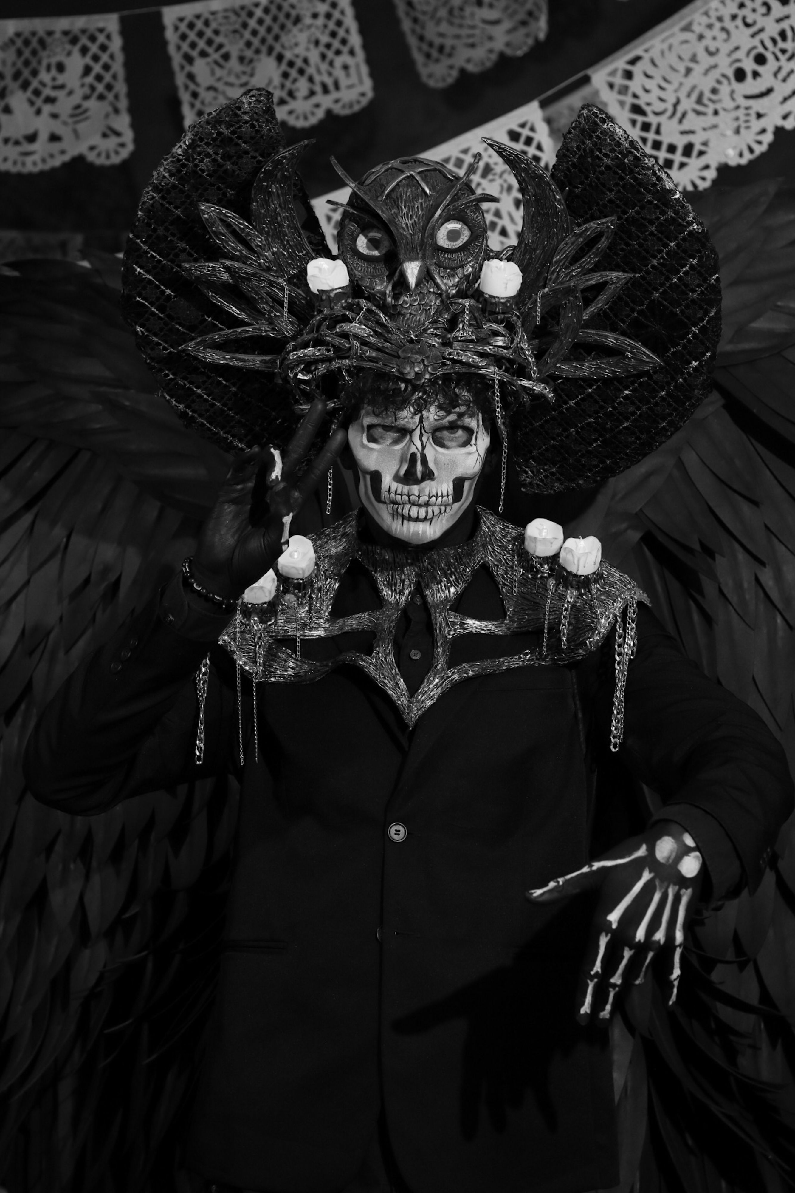 Dramatic Skull-Face Costume with Feathered Headpiece · Free Stock Photo