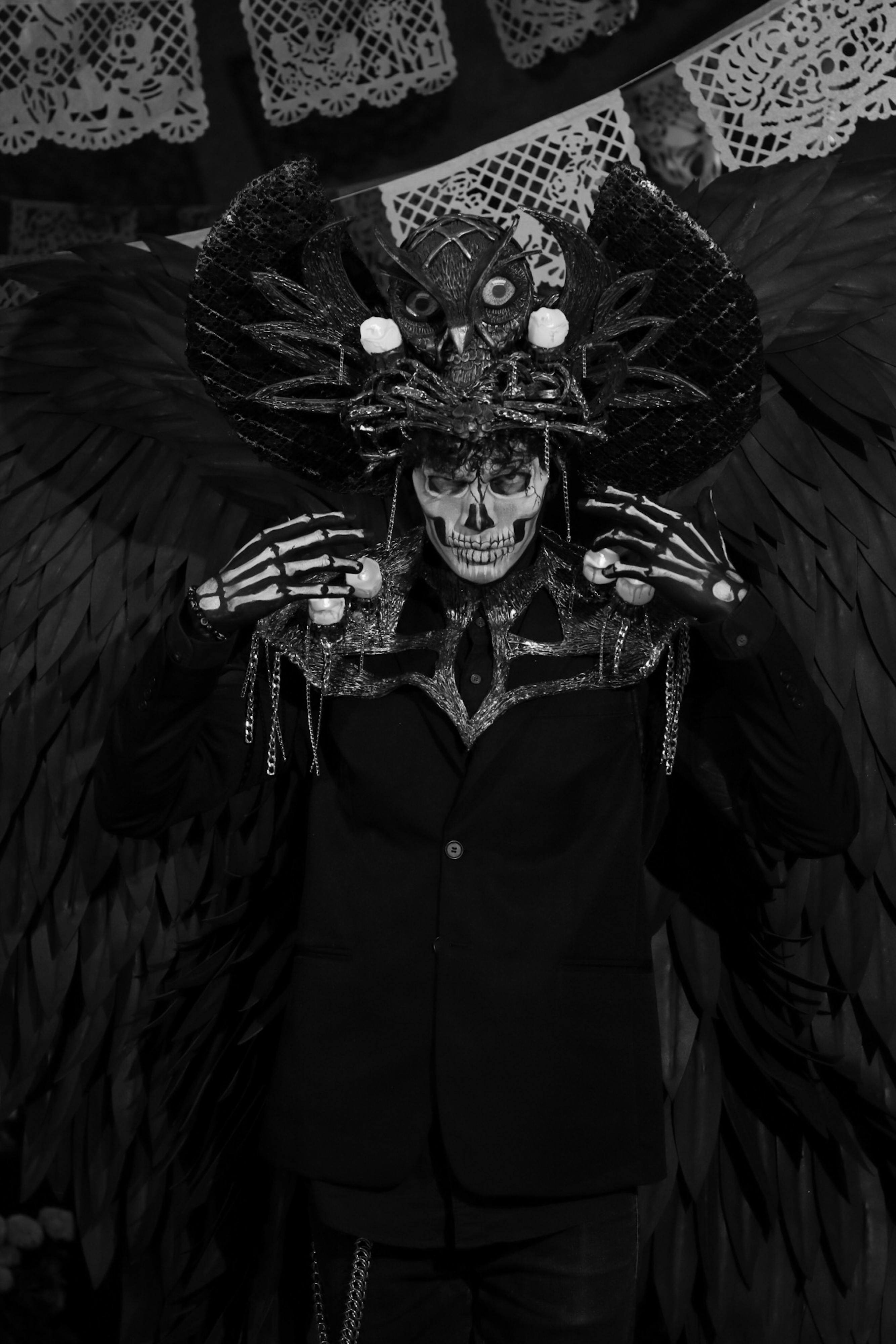 Dramatic Costume with Skeleton and Feathered Attire · Free Stock Photo