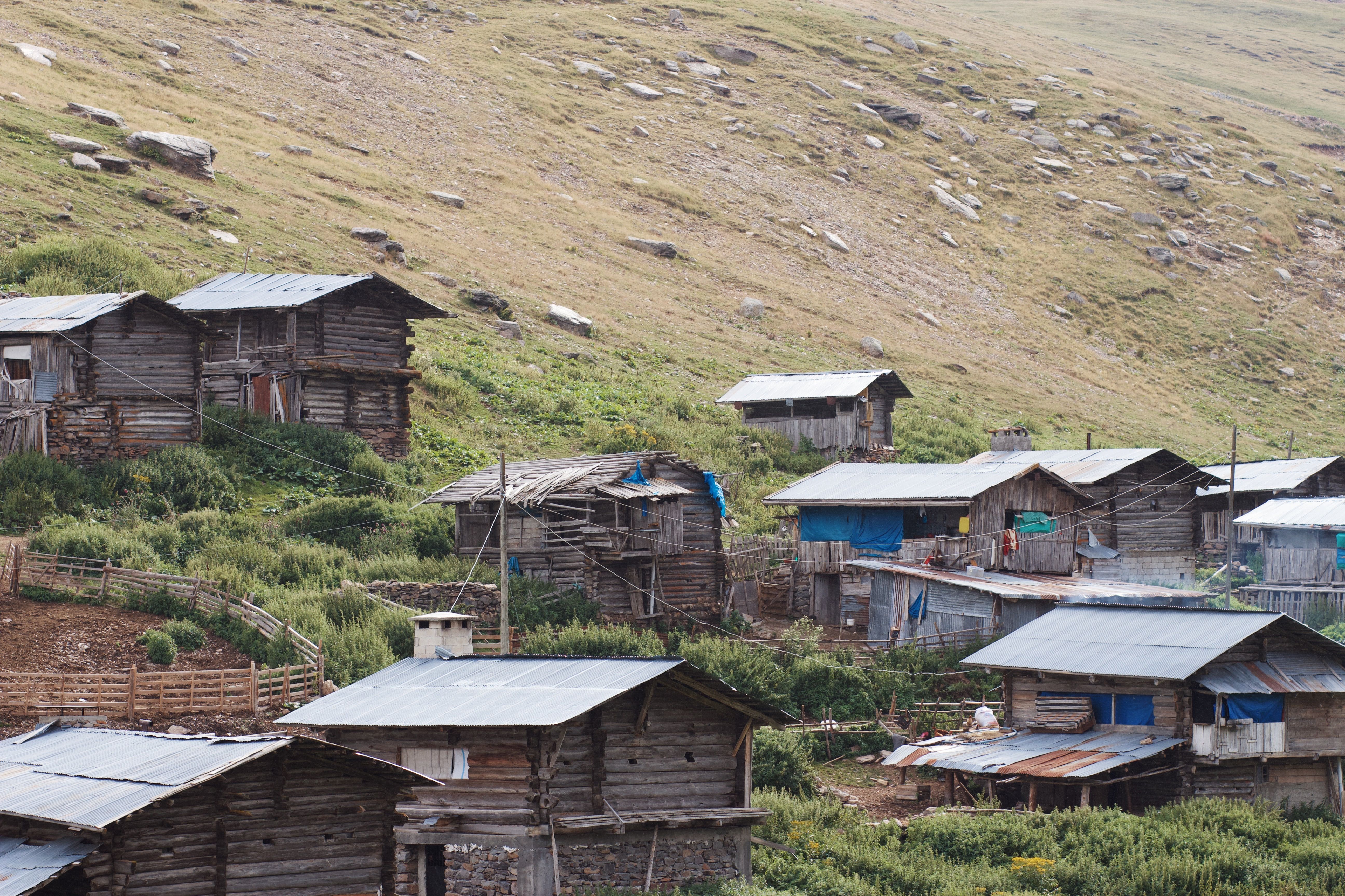 Rustic Mountain Village with Wooden Cabins · Free Stock Photo