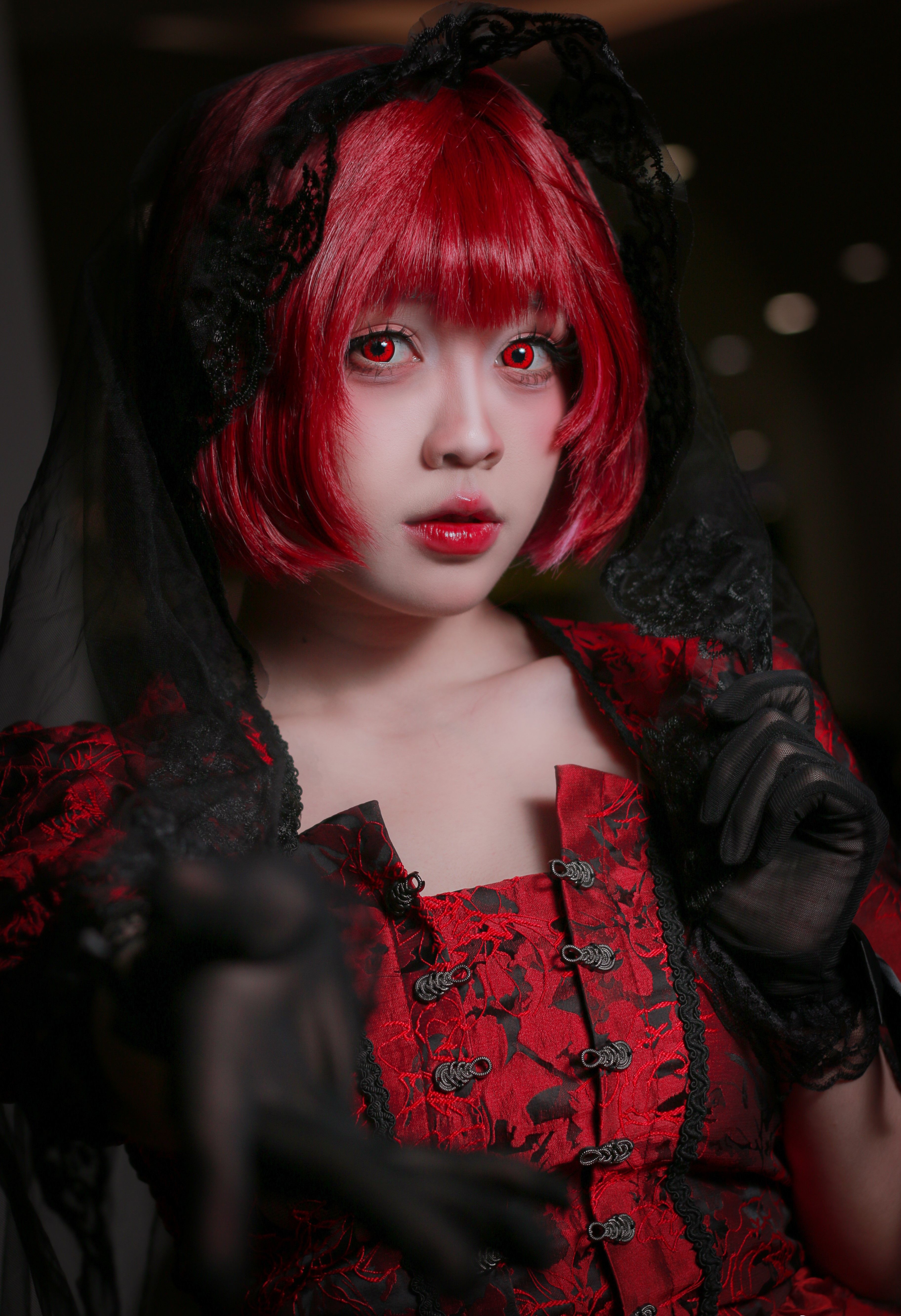 Vibrant Red Anime Cosplay Portrait Indoors · Free Stock Photo