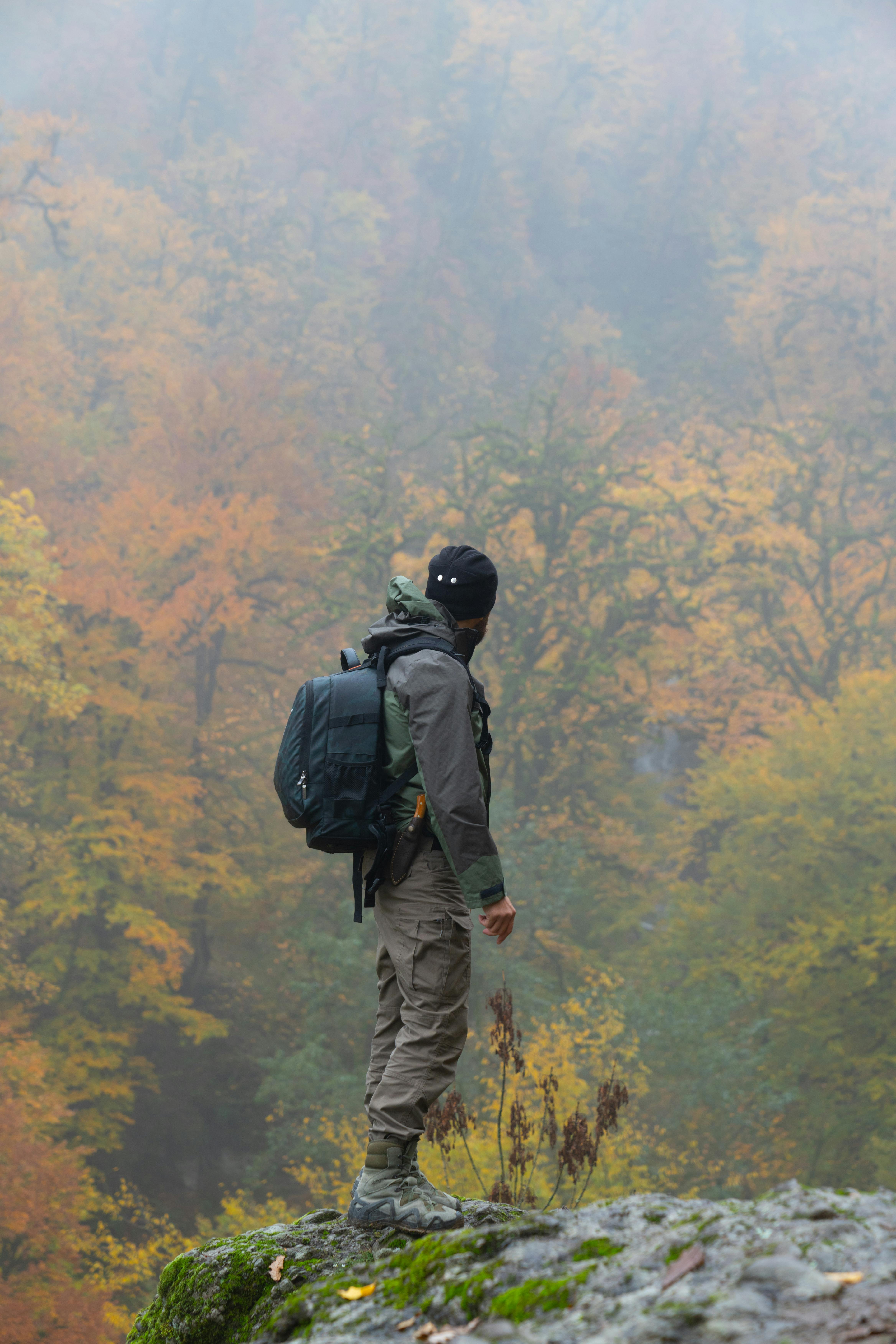 Hiker Exploring Foggy Forest in Autumn · Free Stock Photo